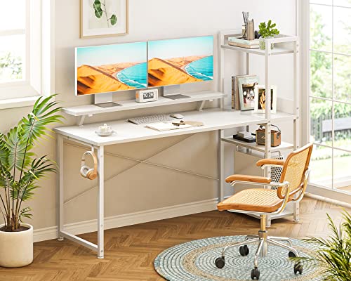 ODK Computer Desk with Storage Shelves and Monitor Stand, 55 Inch Writing Desk with Bookshelf, Reversible Study Table for Home Office, Small Space Bedroom, White