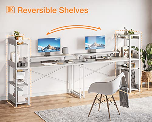 ODK Computer Desk with Storage Shelves and Monitor Stand, 55 Inch Writing Desk with Bookshelf, Reversible Study Table for Home Office, Small Space Bedroom, White