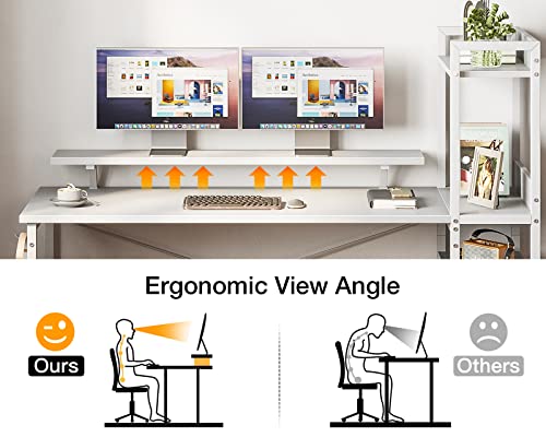 ODK Computer Desk with Storage Shelves and Monitor Stand, 55 Inch Writing Desk with Bookshelf, Reversible Study Table for Home Office, Small Space Bedroom, White