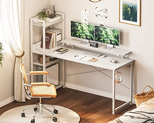 ODK Computer Desk with Storage Shelves and Monitor Stand, 55 Inch Writing Desk with Bookshelf, Reversible Study Table for Home Office, Small Space Bedroom, White