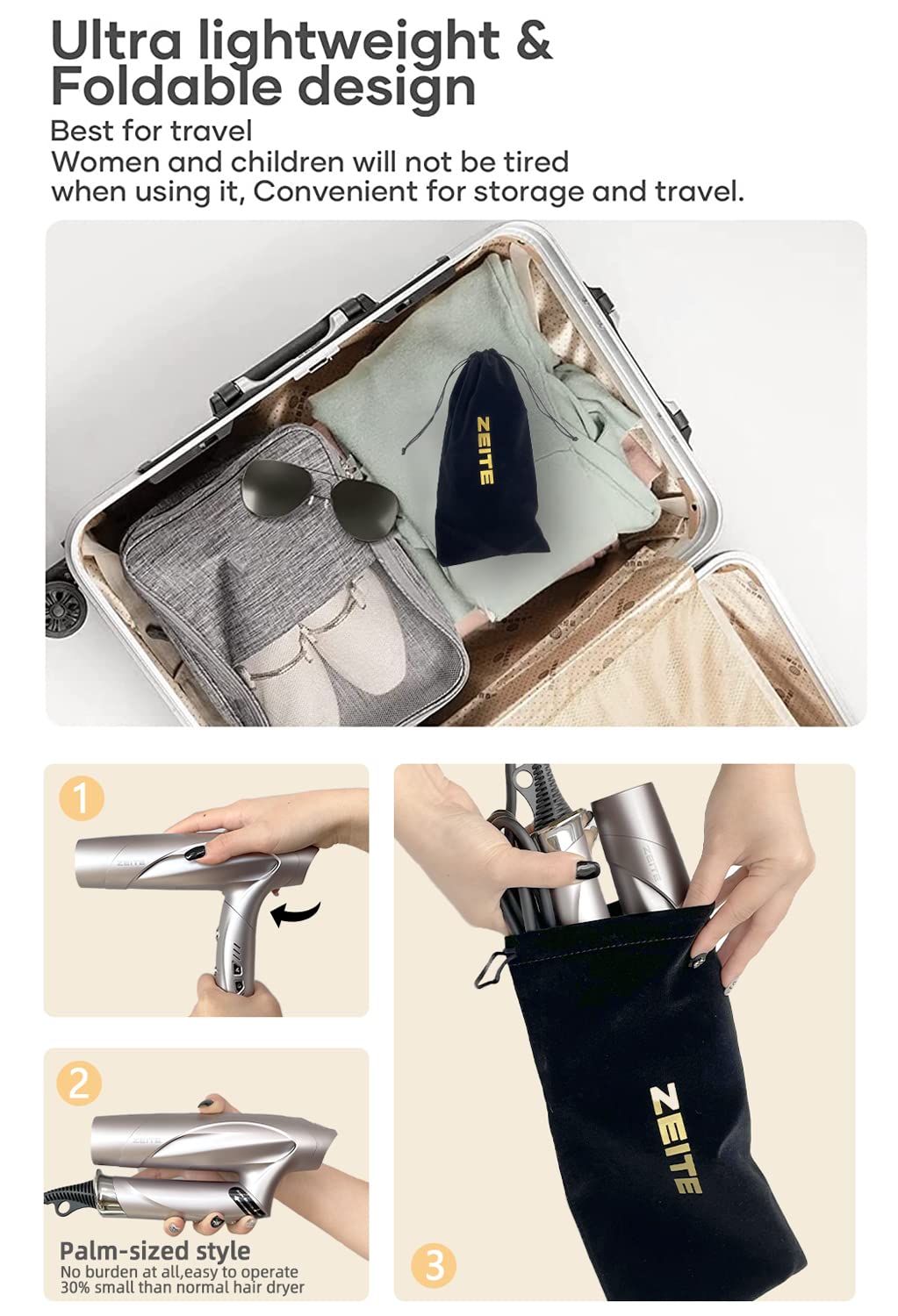ZEITE Professional Fast Drying Hair Dryer with Foldable Handle,Ionic Blow Dryer,High Speed Low Noise,Magnetic Nozzle,for Home Travel and Salon