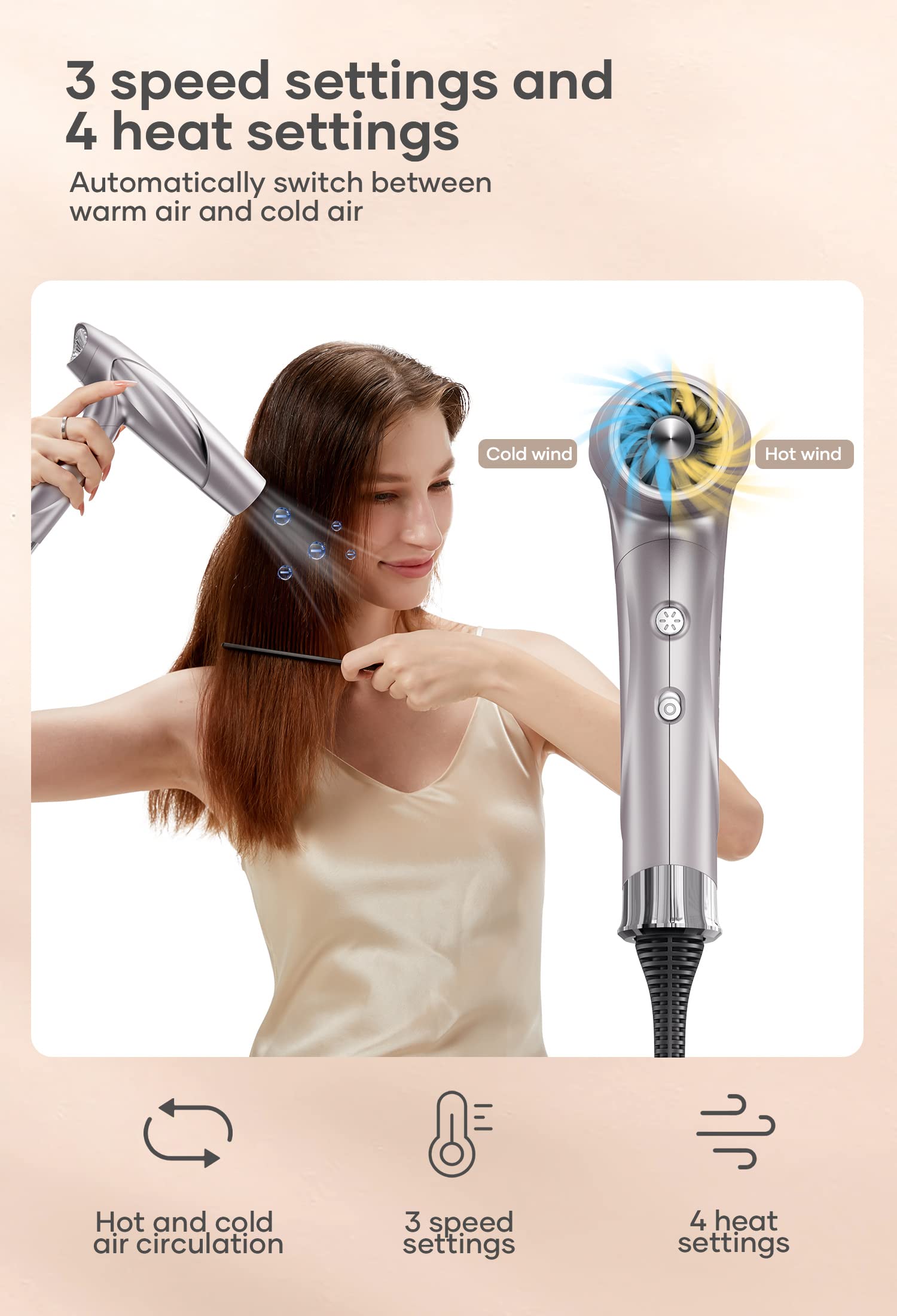 ZEITE Professional Fast Drying Hair Dryer with Foldable Handle,Ionic Blow Dryer,High Speed Low Noise,Magnetic Nozzle,for Home Travel and Salon