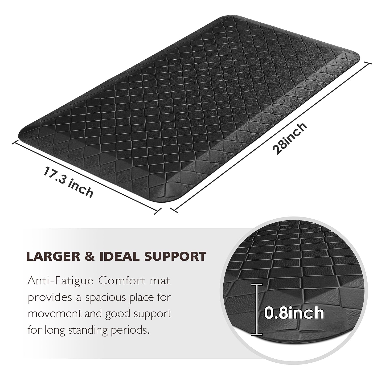 HappyTrends Kitchen Floor Mat - 4/5 Inch Thick Anti-Fatigue Kitchen Rug,Waterproof Non-Slip Kitchen Mats and Rugs Heavy Duty Ergonomic Comfort Rug for Kitchen,Office,Sink,Laundry,(17.3" x 28", Black)