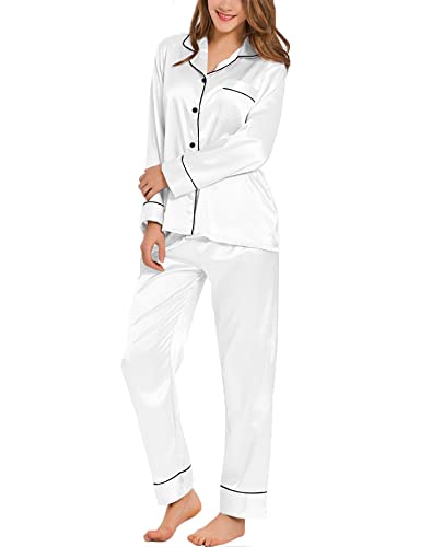 SWOMOG Womens Satin Pajamas Long Sleeve Sleepwear Silk Soft Button Down Loungewear Pjs Set S-XXL White Small