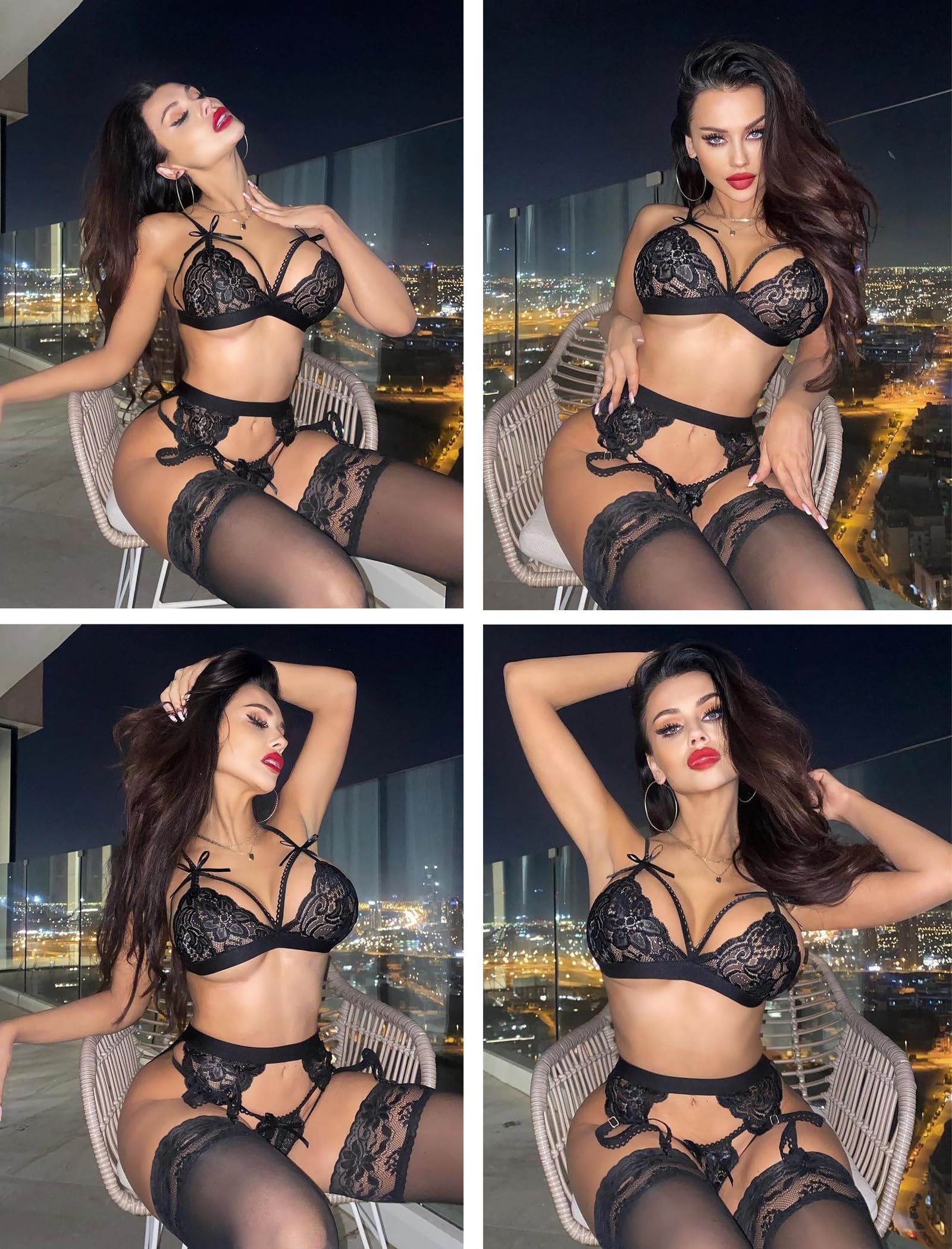 Avidlove Women Lingerie Set Lace Teddy Strap Babydoll Bodysuit with Garter Belts A-black