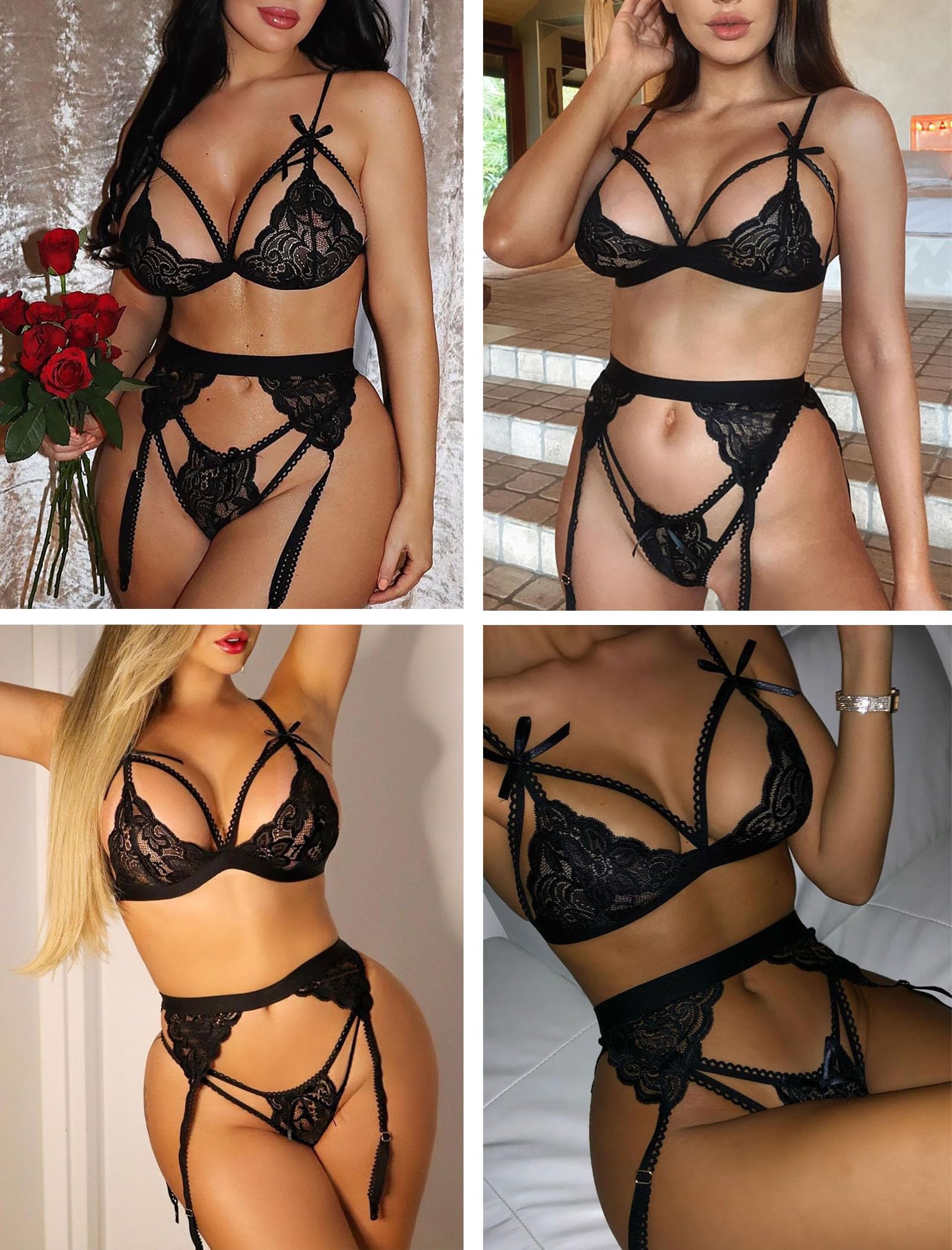Avidlove Women Lingerie Set Lace Teddy Strap Babydoll Bodysuit with Garter Belts A-black