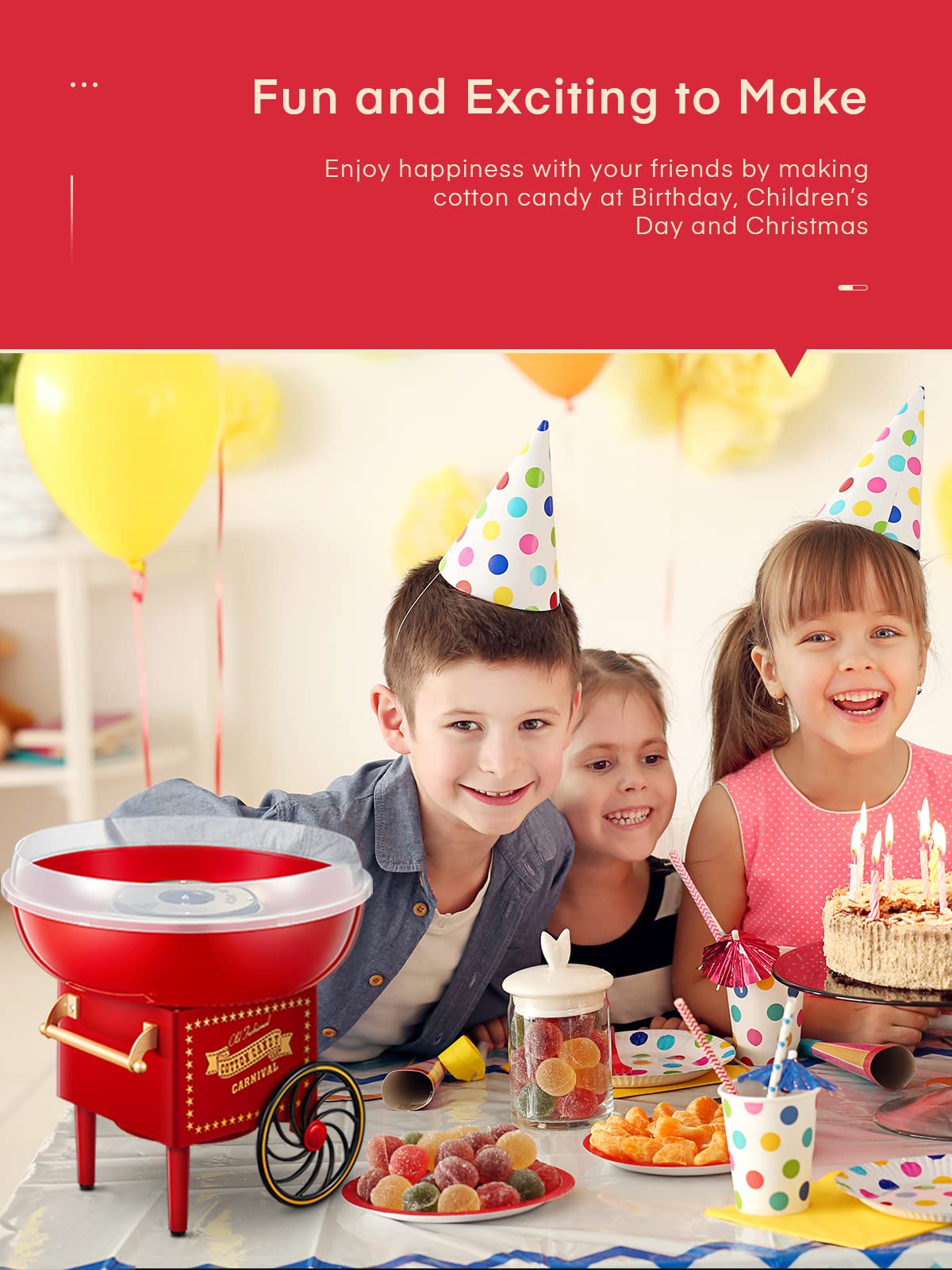 FOHERE Cotton Candy Machine for Kids, Nostalgia Cotton Candy Maker Include Sugar Scoop and 10 Cones, Homemade Sweets for Birthday Parties, Children's Day, Christmas Day and Wedding