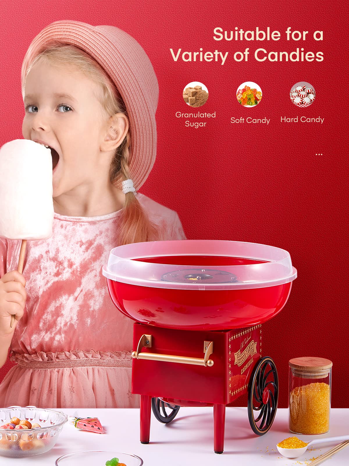 FOHERE Cotton Candy Machine for Kids, Nostalgia Cotton Candy Maker Include Sugar Scoop and 10 Cones, Homemade Sweets for Birthday Parties, Children's Day, Christmas Day and Wedding