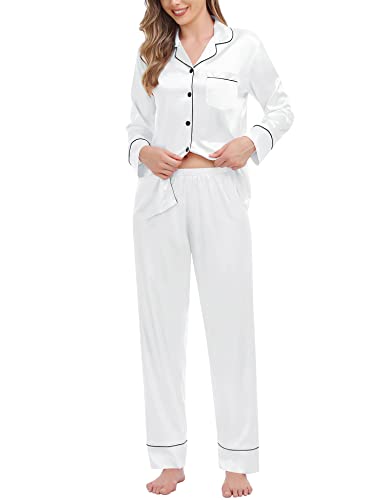 SWOMOG Womens Satin Pajamas Long Sleeve Sleepwear Silk Soft Button Down Loungewear Pjs Set S-XXL White X-Large