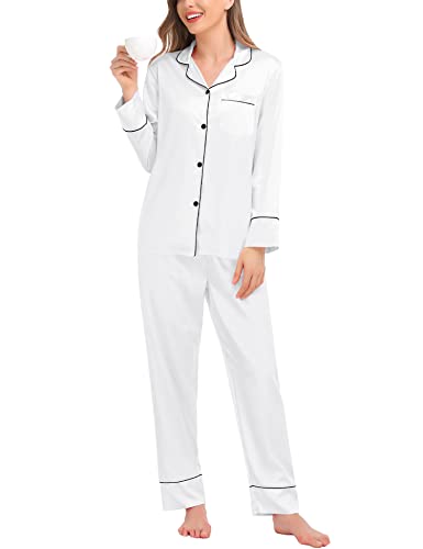 SWOMOG Womens Satin Pajamas Long Sleeve Sleepwear Silk Soft Button Down Loungewear Pjs Set S-XXL White X-Large