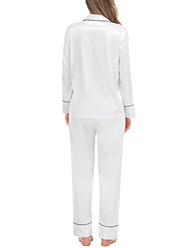 SWOMOG Womens Satin Pajamas Long Sleeve Sleepwear Silk Soft Button Down Loungewear Pjs Set S-XXL White X-Large