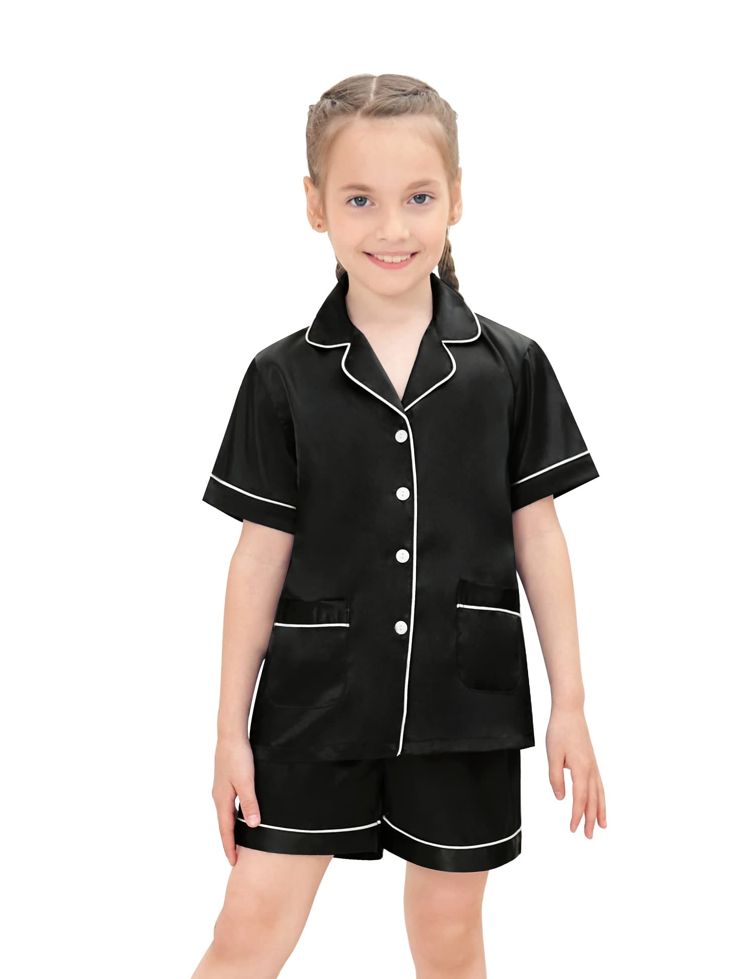 SWOMOG Satin Kid Pajamas for Girls Silk Pjs Set with 2 Pockets Boys Sleepwear Button-up Lounge Sets Short Sleeve Nightwear Black