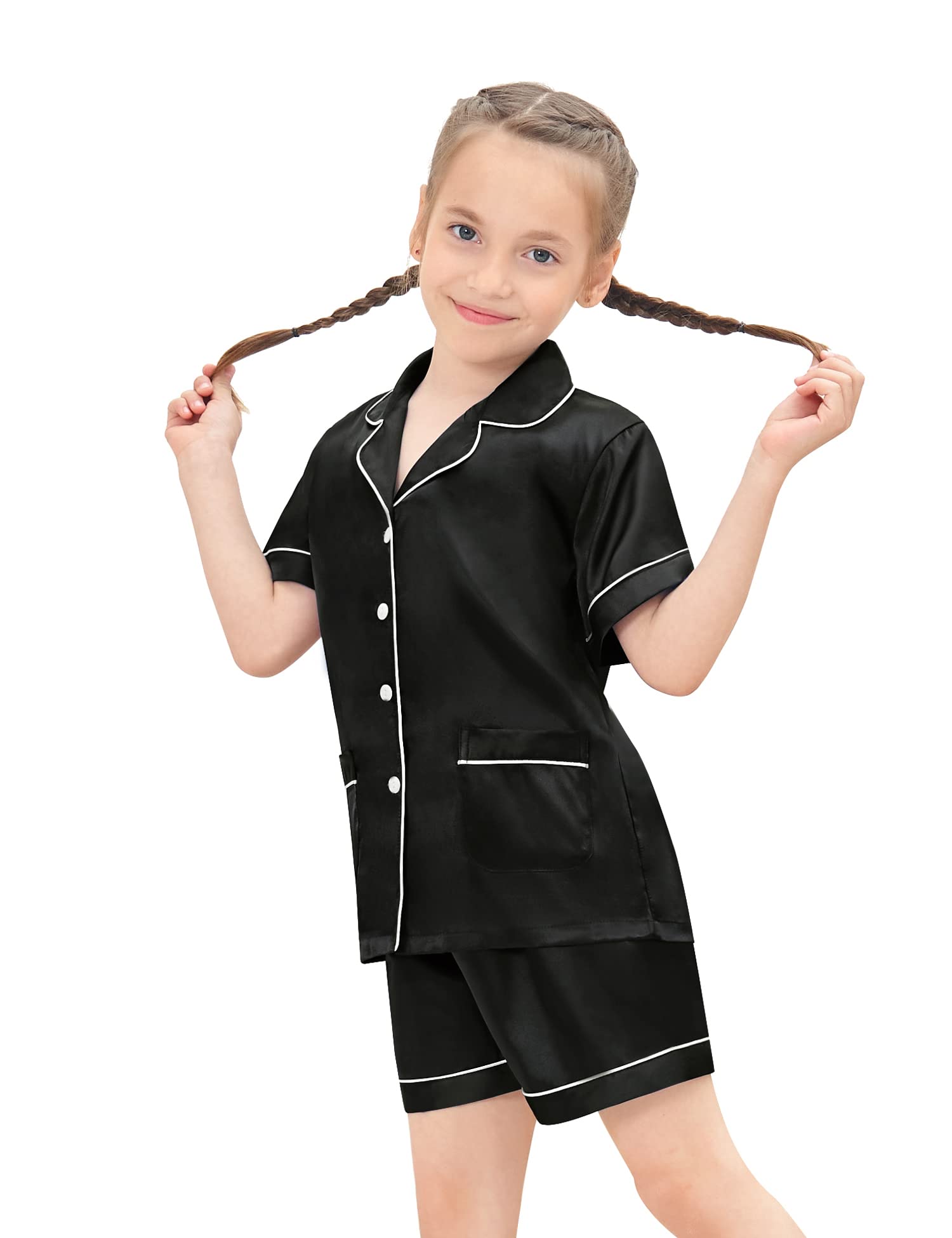 SWOMOG Satin Kid Pajamas for Girls Silk Pjs Set with 2 Pockets Boys Sleepwear Button-up Lounge Sets Short Sleeve Nightwear Black