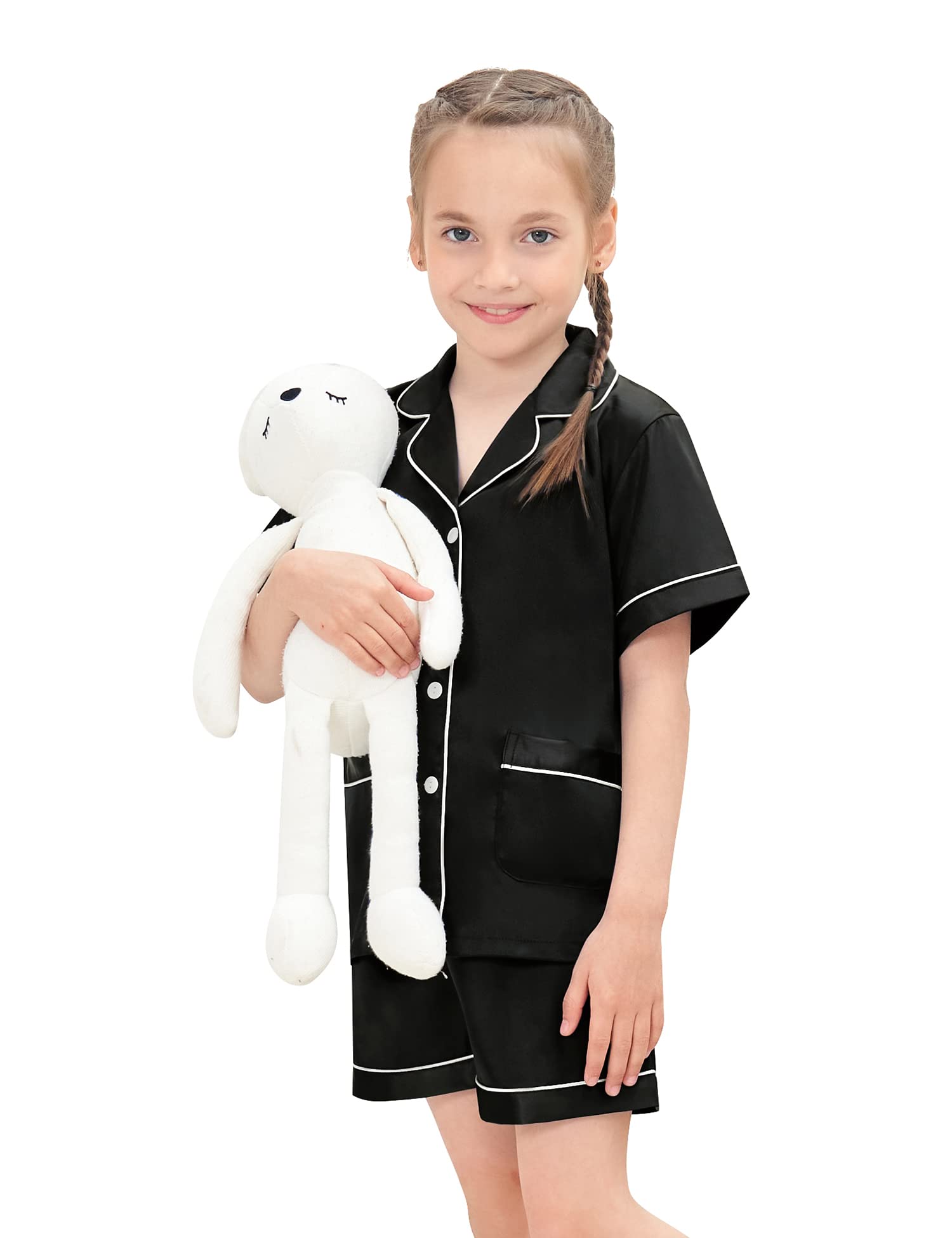 SWOMOG Satin Kid Pajamas for Girls Silk Pjs Set with 2 Pockets Boys Sleepwear Button-up Lounge Sets Short Sleeve Nightwear Black