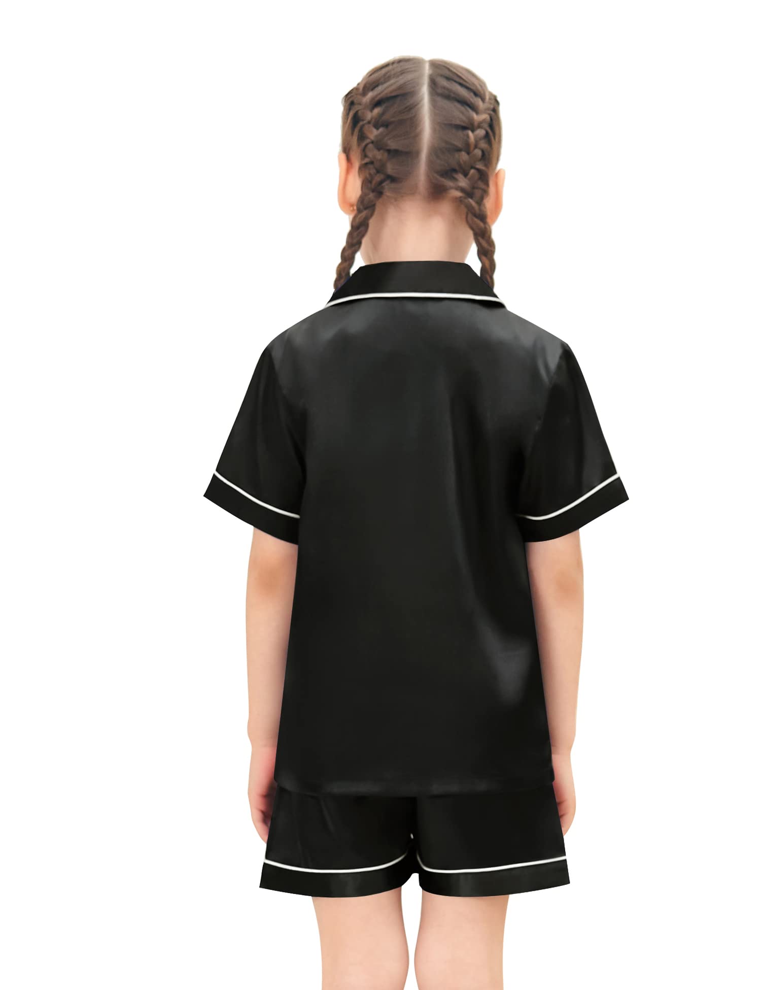 SWOMOG Satin Kid Pajamas for Girls Silk Pjs Set with 2 Pockets Boys Sleepwear Button-up Lounge Sets Short Sleeve Nightwear Black