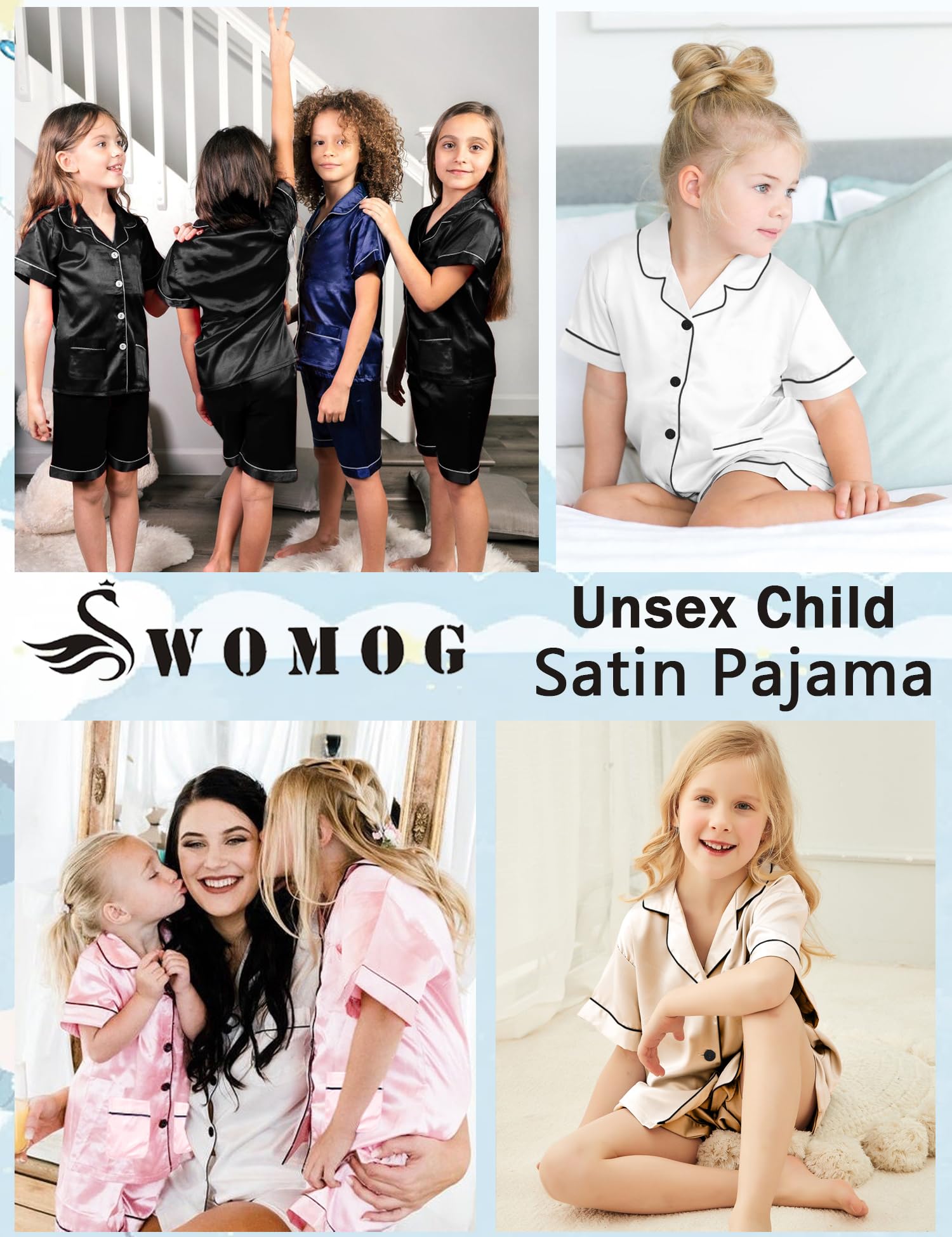 SWOMOG Satin Kid Pajamas for Girls Silk Pjs Set with 2 Pockets Boys Sleepwear Button-up Lounge Sets Short Sleeve Nightwear Black