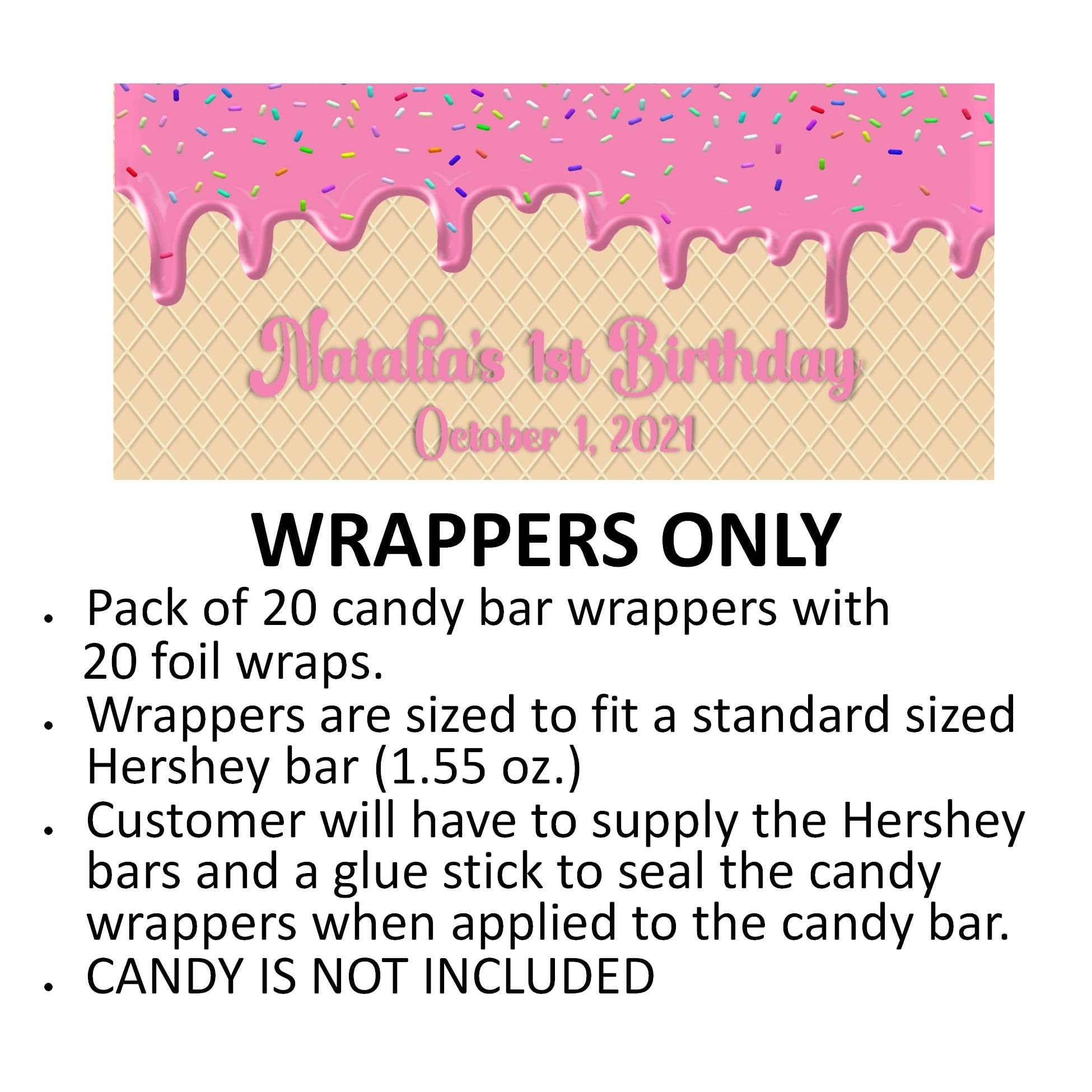 Ice Cream Party Candy Bar Wrappers, Personalized Birthday Favor, Custom Chocolate Bar Labels, Pack of 20 (Pink)