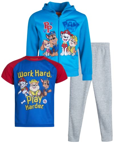 Nickelodeon Boys' 3 Piece Sweatsuit Set - Jogger Pants, Zip Up Hoodie Sweatshirt, and T Shirt (2T-7), Size 4, Work Hard/Black/Grey