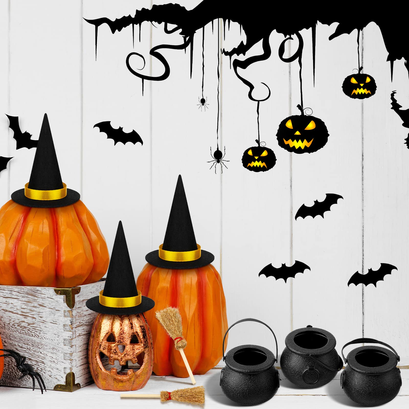 36 Pcs Halloween Witch Hats, Red Cauldron Kettles, and Brooms Set - Mini Witches Accessory for Costume, Cosplay Party Decorations