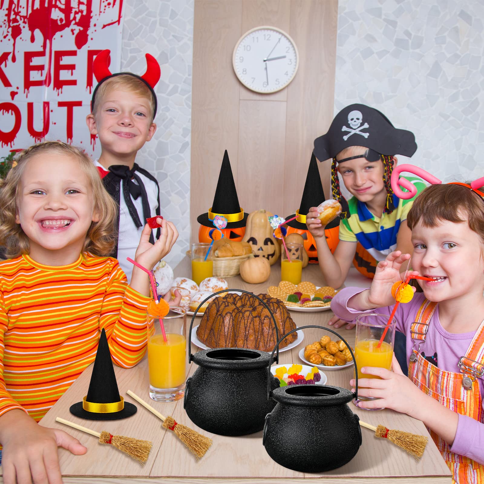 36 Pcs Halloween Witch Hats, Red Cauldron Kettles, and Brooms Set - Mini Witches Accessory for Costume, Cosplay Party Decorations
