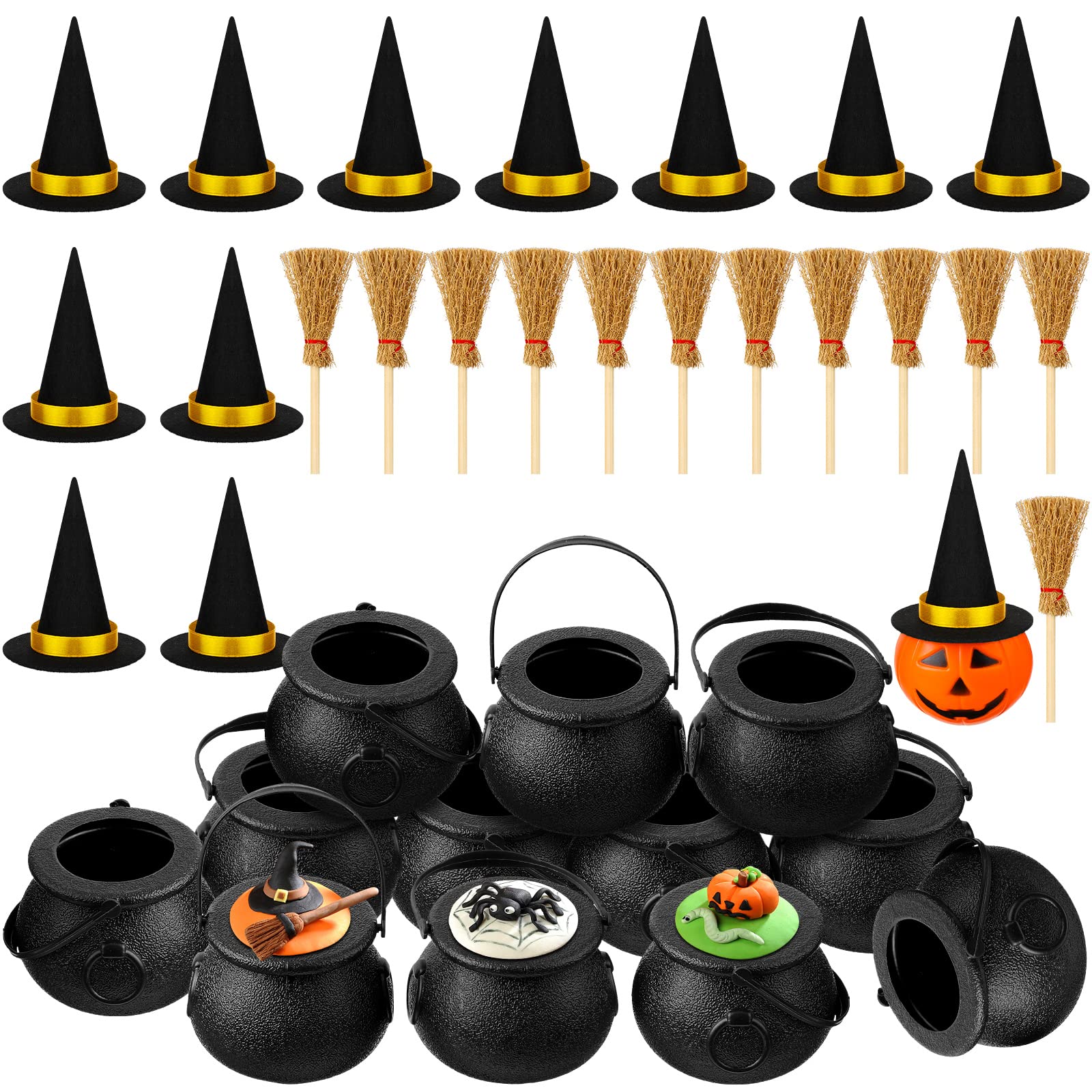 36 Pcs Halloween Witch Hats, Red Cauldron Kettles, and Brooms Set - Mini Witches Accessory for Costume, Cosplay Party Decorations
