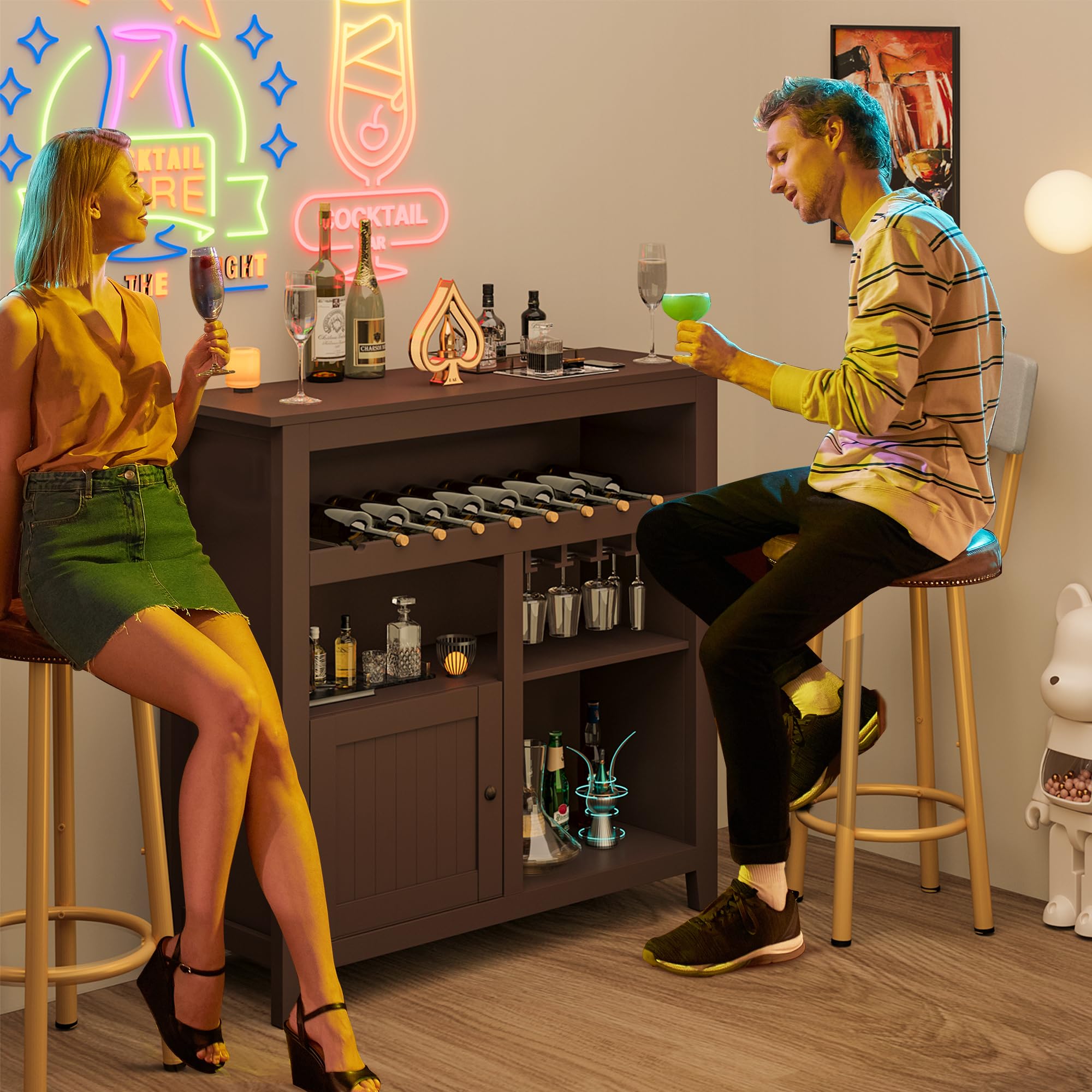 JOMEED Liquor Cabinet Bar for Home Wine Bar Cabinet with Storage Liquor Cabinet with Cup Holders & Open Door for Kitchen Living Room