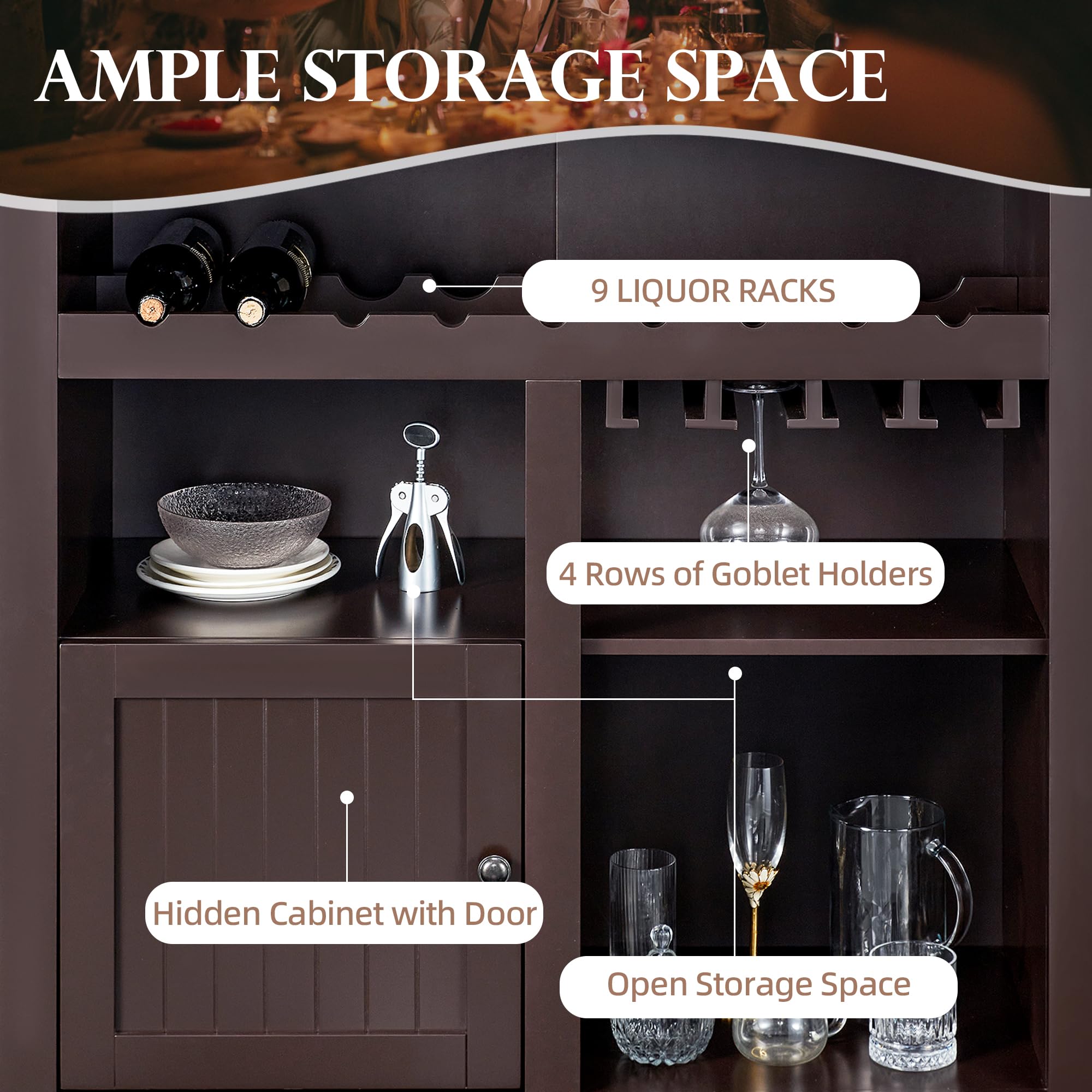 JOMEED Liquor Cabinet Bar for Home Wine Bar Cabinet with Storage Liquor Cabinet with Cup Holders & Open Door for Kitchen Living Room