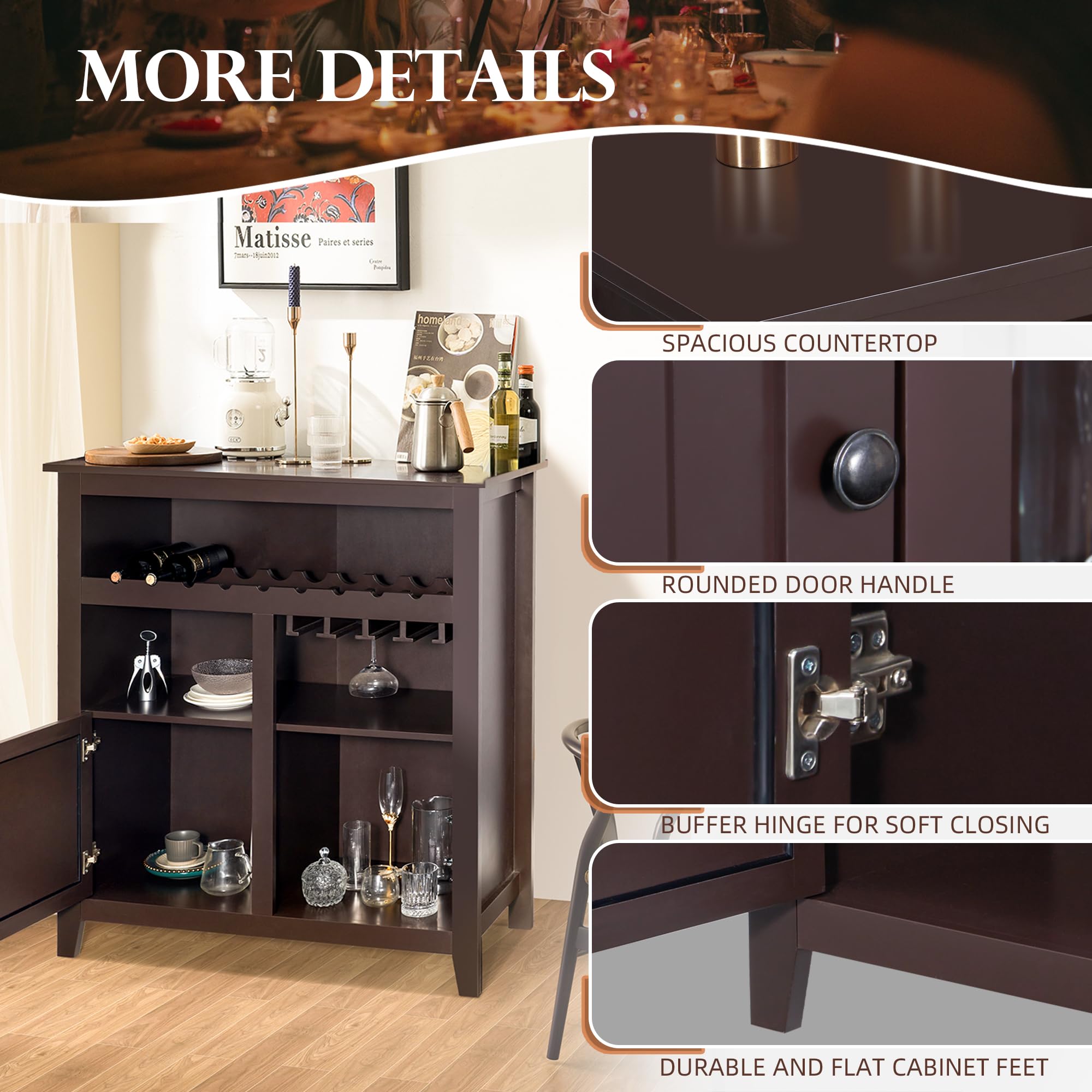 JOMEED Liquor Cabinet Bar for Home Wine Bar Cabinet with Storage Liquor Cabinet with Cup Holders & Open Door for Kitchen Living Room