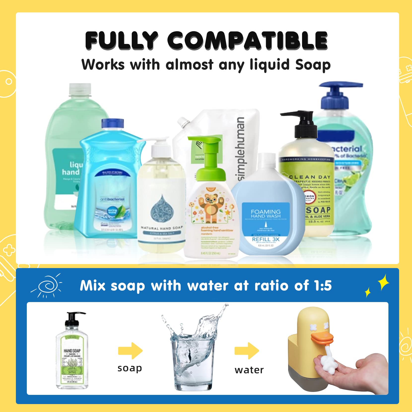 Genialba Automatic Soap Dispenser, 12oz/350ml, Rechargeable, Hand Washing Time Reminder, Cute Duck Foaming Touchless Soap Dispenser, Kids Hand Soap Dispenser for Home, Bathroom, School with USB C
