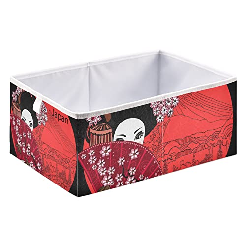 Japanese Woman Girl Hairstyle Cherry Blossoms Mount Fuji Red Style Rectangular Storage Basket Bin, Collapsible Storage Box, Foldable Nursery Baskets Organizer for Toy, Clothes Easy to Assemble