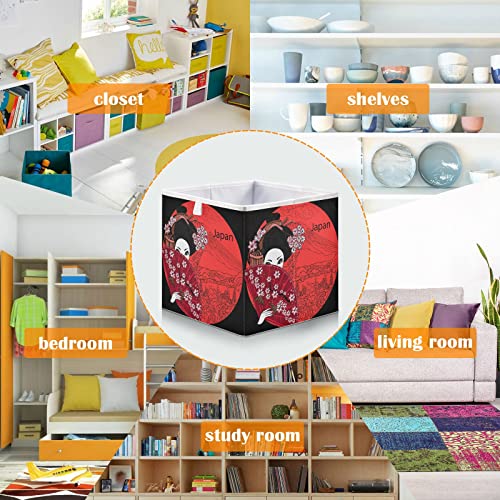 Japanese Woman Girl Hairstyle Cherry Blossoms Mount Fuji Red Style Rectangular Storage Basket Bin, Collapsible Storage Box, Foldable Nursery Baskets Organizer for Toy, Clothes Easy to Assemble