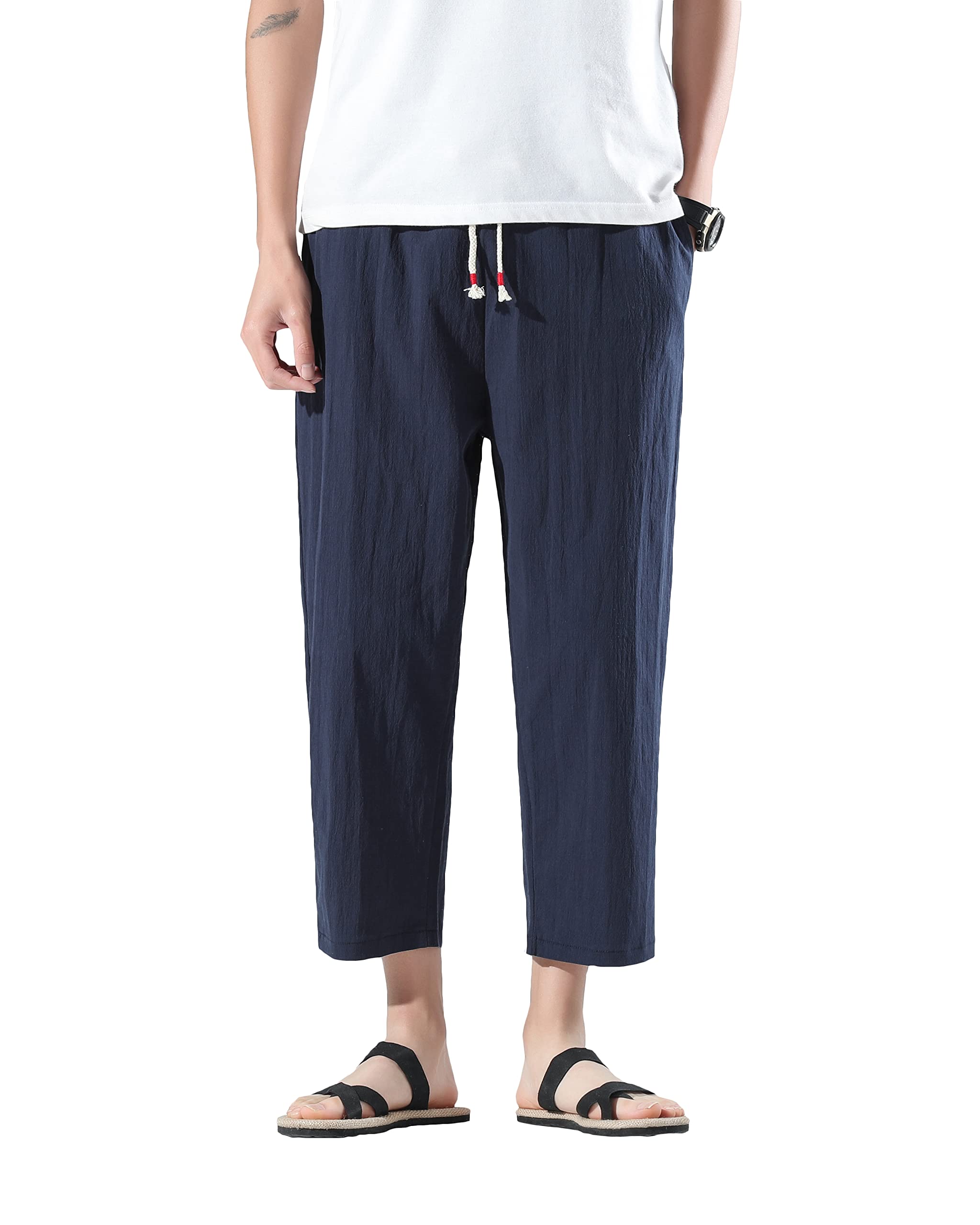 PRIJOUHE Mens Harem Pants Casual Lightweight Loose Fit Capri Pants Linen Beach Pants with Elastic Waistband