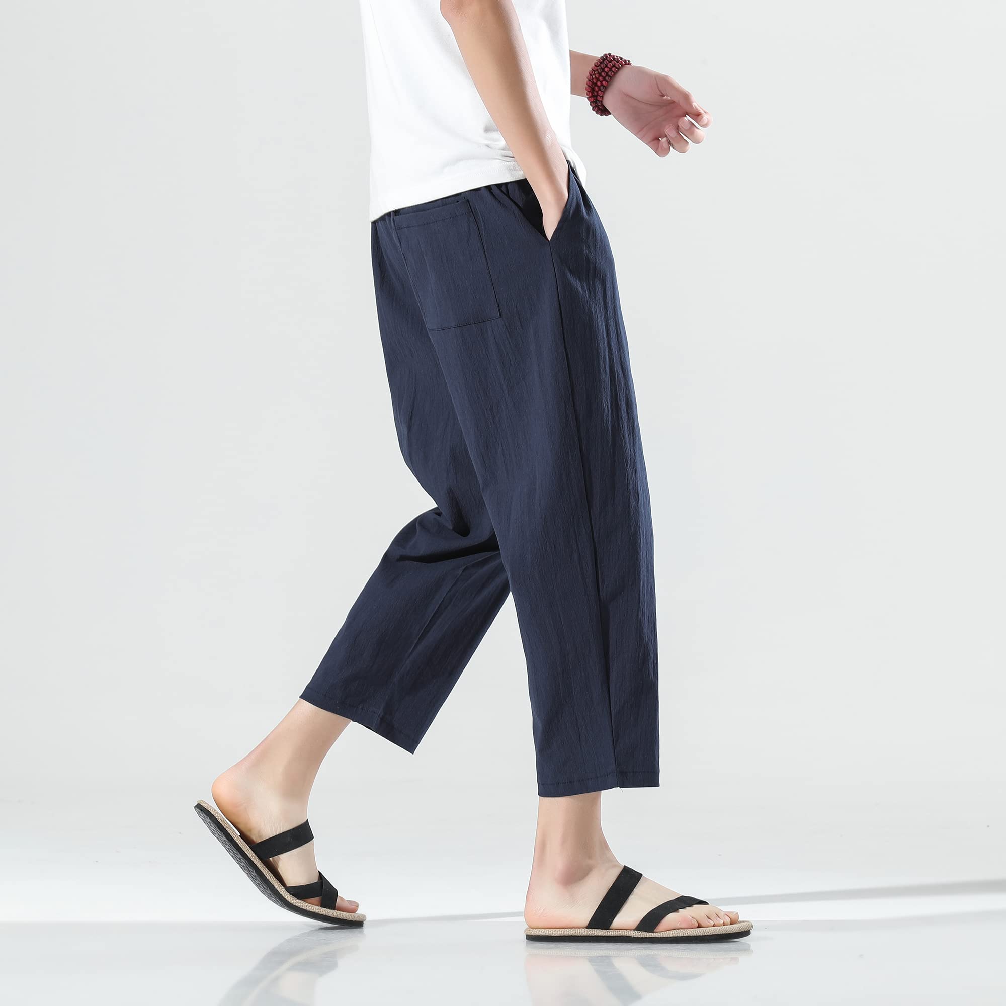 PRIJOUHE Mens Harem Pants Casual Lightweight Loose Fit Capri Pants Linen Beach Pants with Elastic Waistband