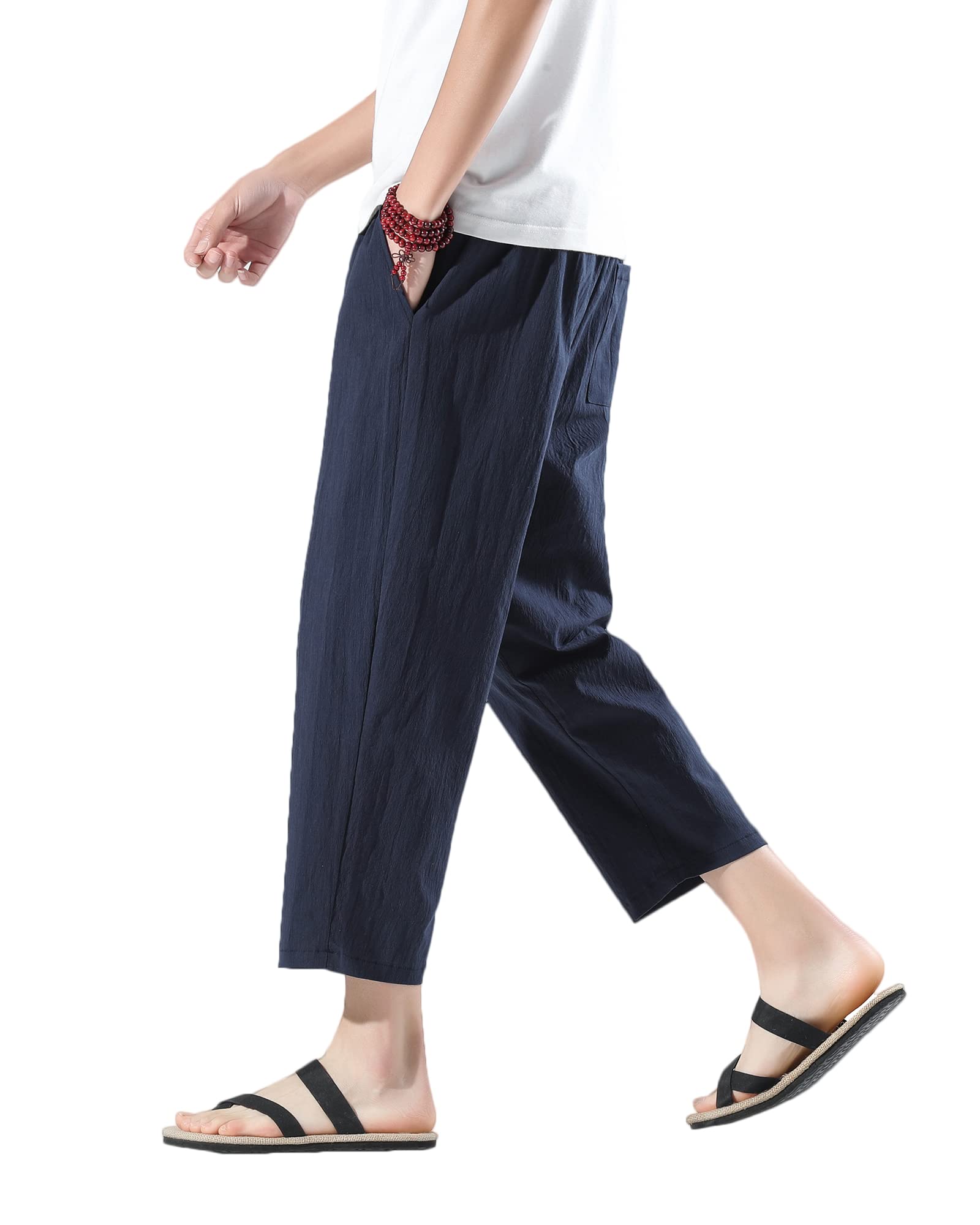 PRIJOUHE Mens Harem Pants Casual Lightweight Loose Fit Capri Pants Linen Beach Pants with Elastic Waistband