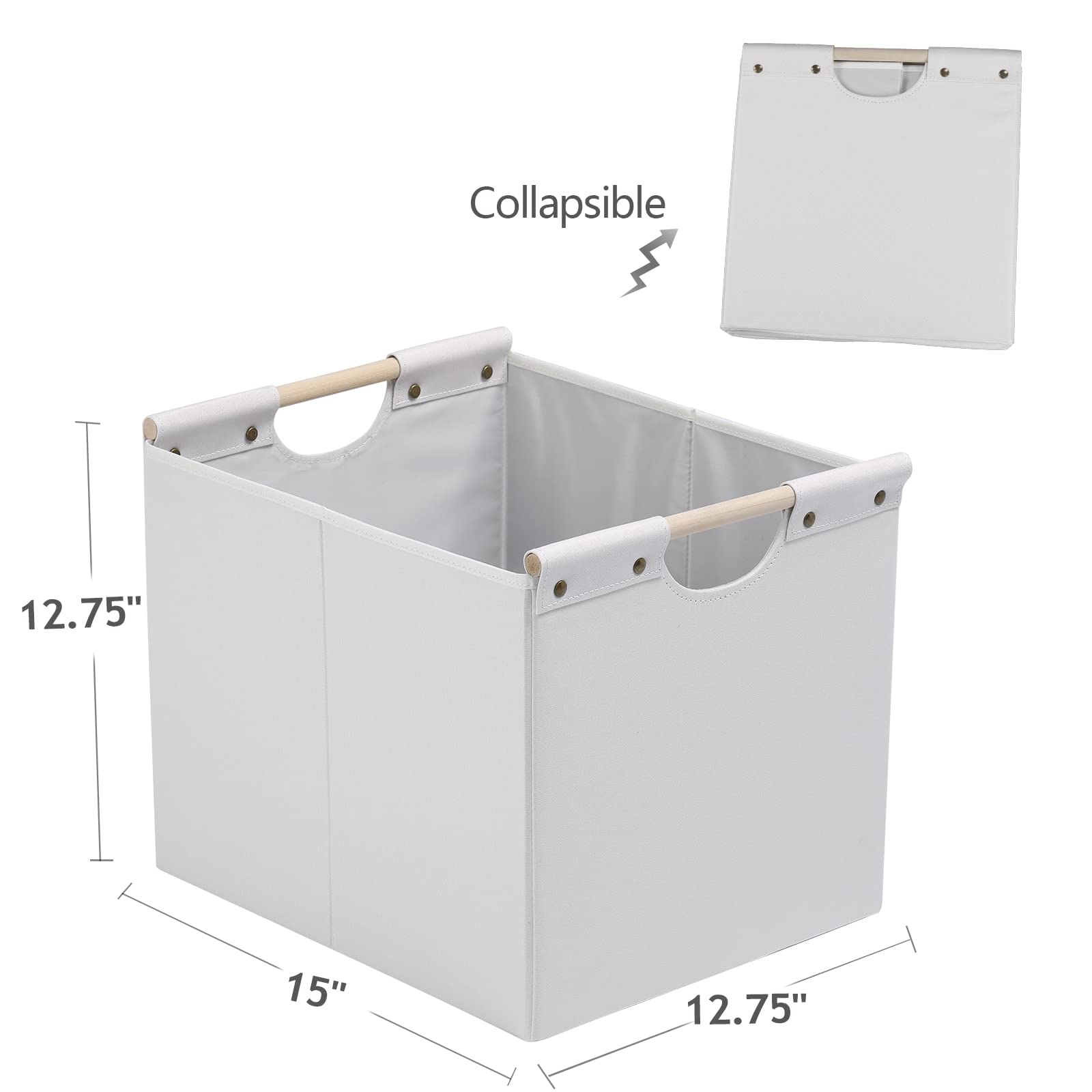 HOONEX Large Collapsible Storage Bins, Linen Fabric, Pack of 2, Storage Baskets with Wooden Carry Handles and Sturdy Heavy Cardboard, for Home, Office, Car, Nursery, White