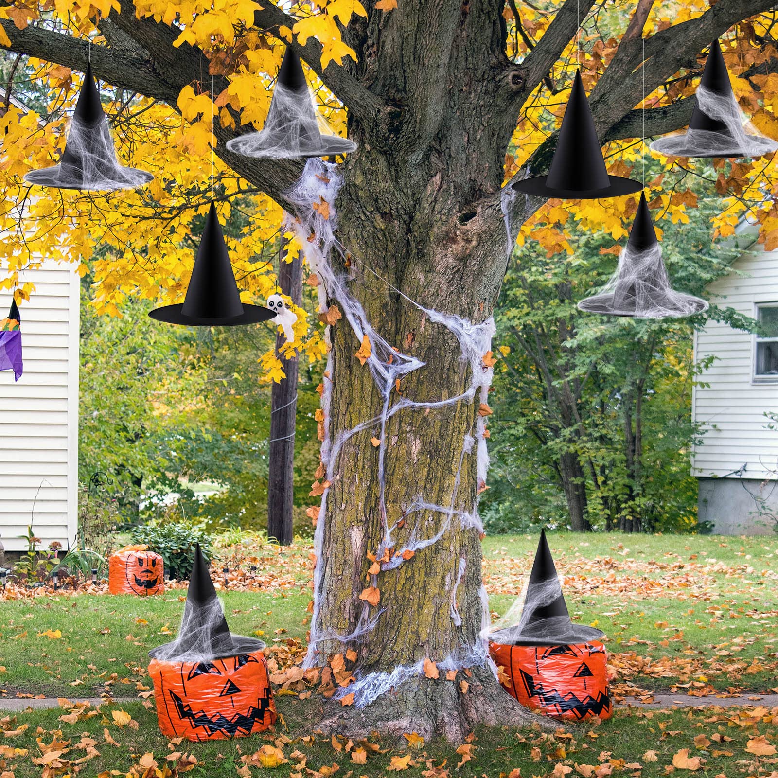 ADXCO 10 Pieces Halloween Black Witch Hat Wizard Hats with 10 Pack Halloween Spider Web Decorations and 109 Yards Hanging Rope for Halloween Party Supplies Halloween Indoor & Outdoor Decorations