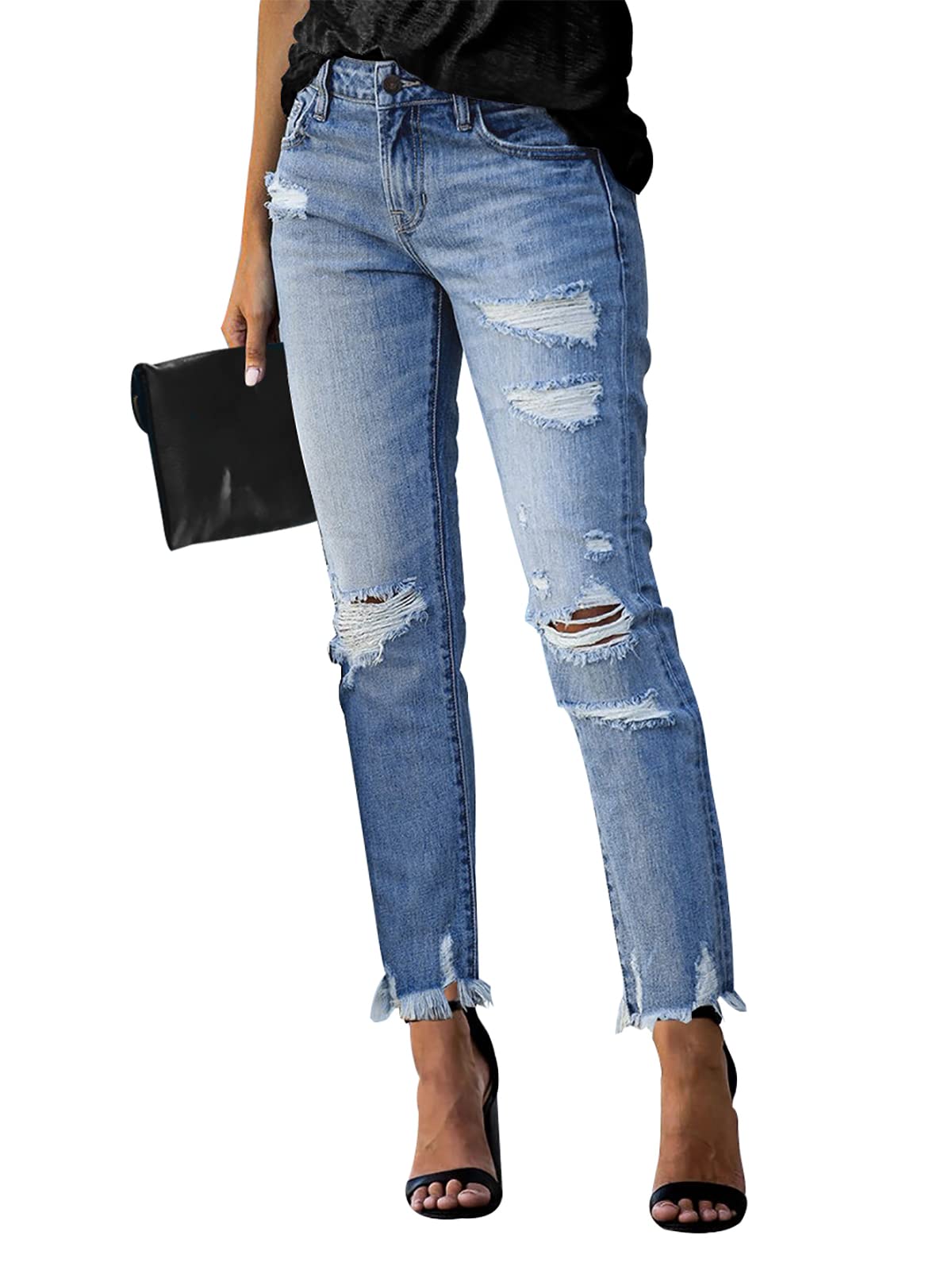 KUNMI Women's Ripped Boyfriend Slim Fit Jeans Frayed Distressed Stretchy Denim Pants