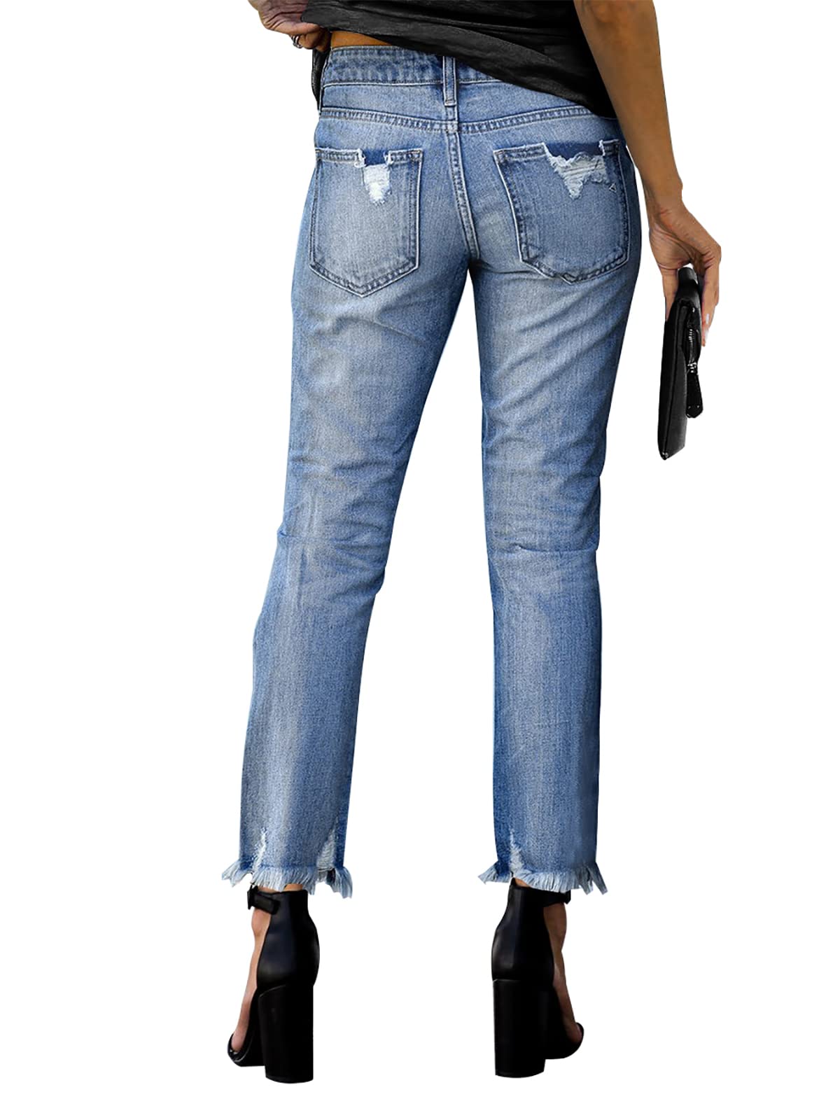 KUNMI Women's Ripped Boyfriend Slim Fit Jeans Frayed Distressed Stretchy Denim Pants