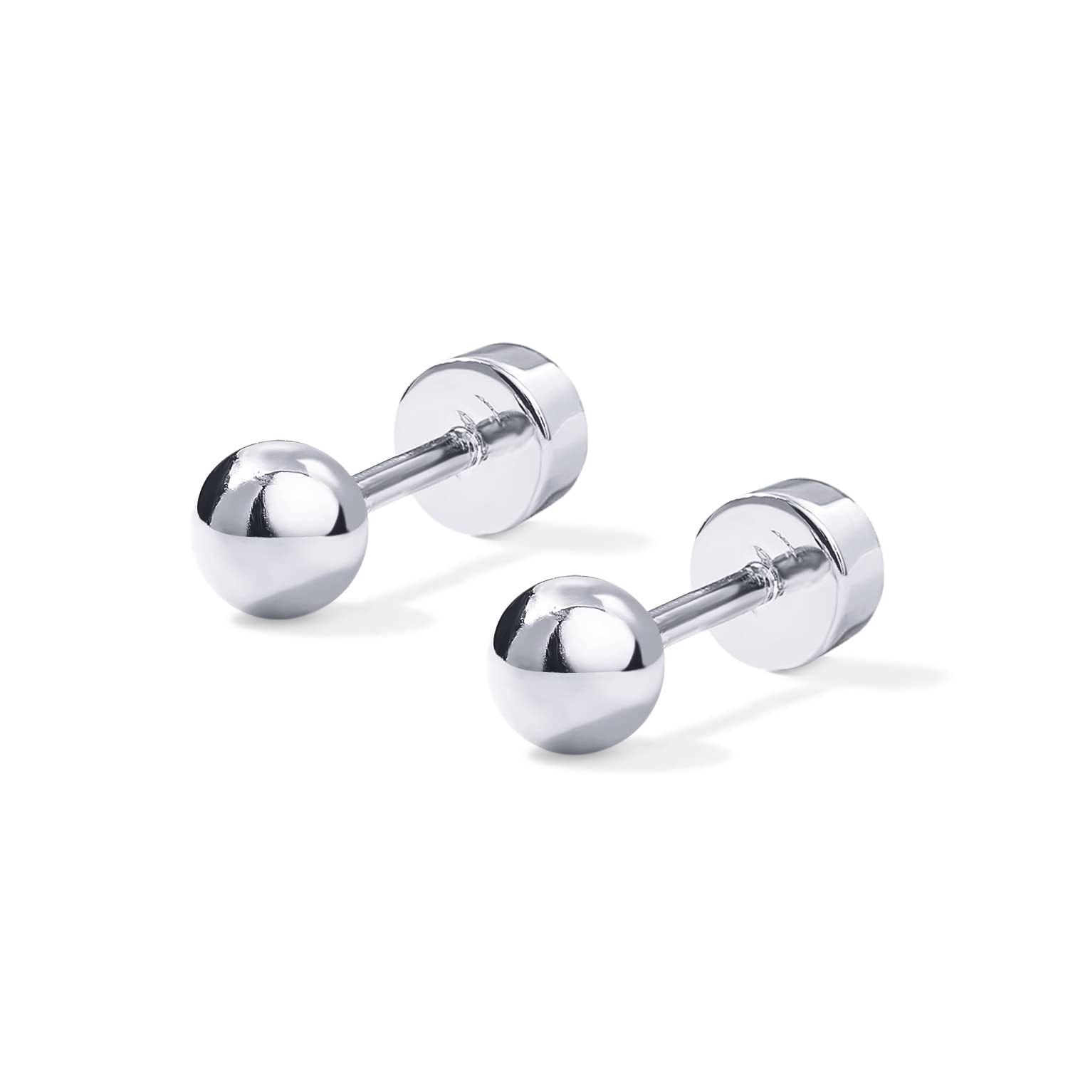 PAVOI Rhodium Plated Solid 925 Sterling Silver Ball Stud Earrings for Women - Flat Back - Cartilage & Helix Piercing Jewelry - Big Gold Studs