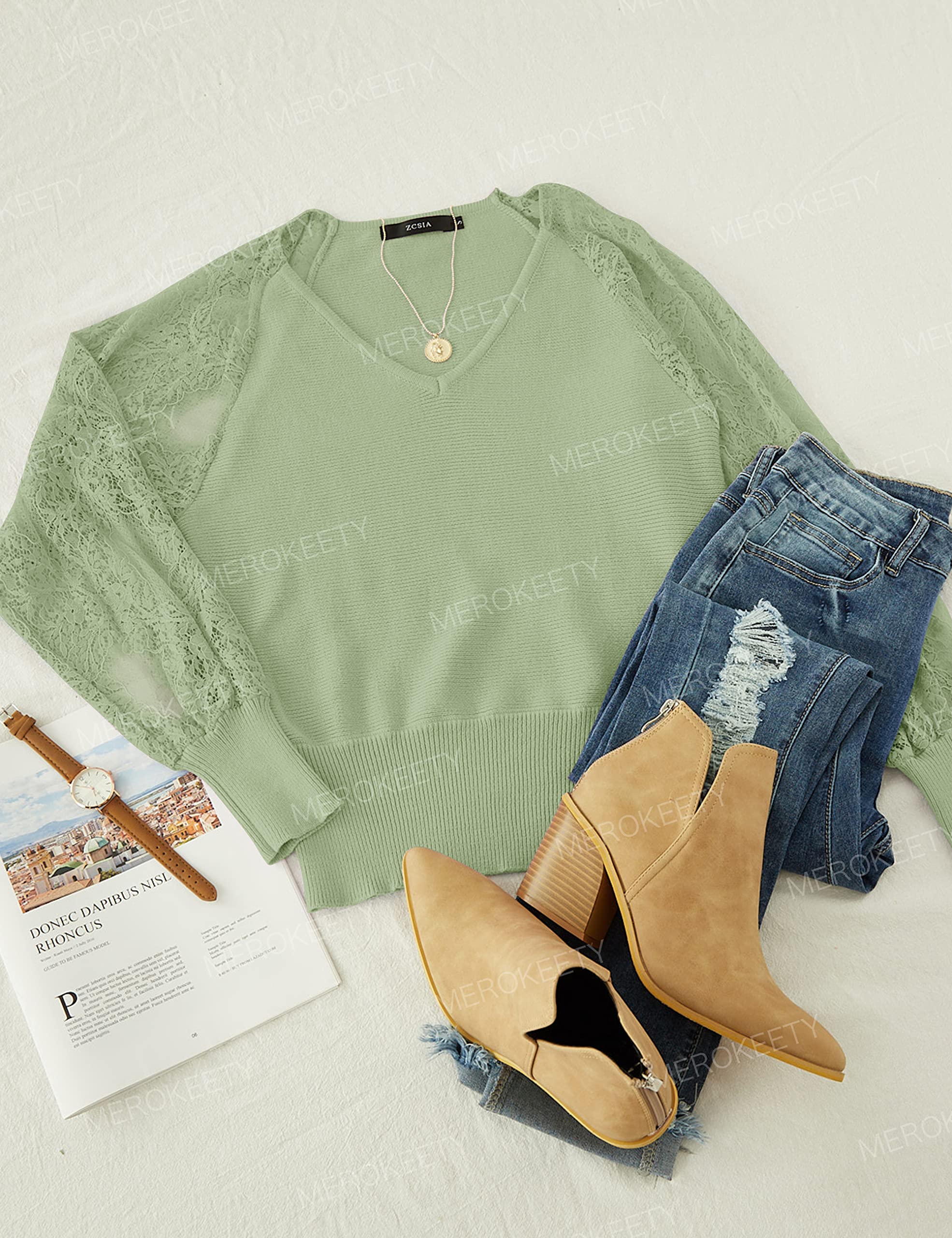 MEROKEETY 2024 Long Sleeve V Neck Lace Sweaters for Women Casual Ribbed Knit Pullover Tops Green