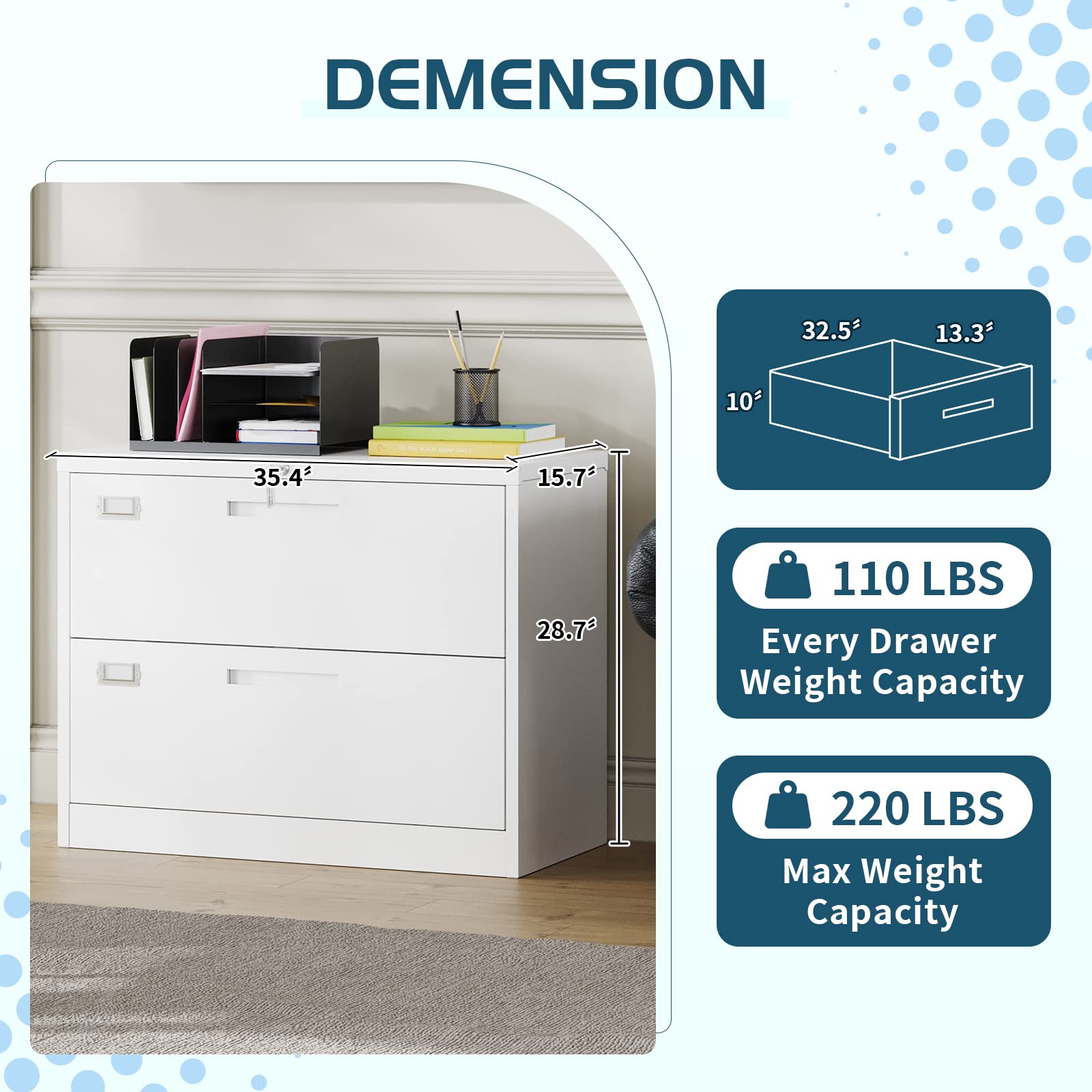 MIIIKO Lateral File Cabinet 2 Drawer with Lock, White Filing Cabinet Home Office, Large Deep Drawers Locked by Keys, for Hanging Folders Files Letter/Legal/F4/A4 Size