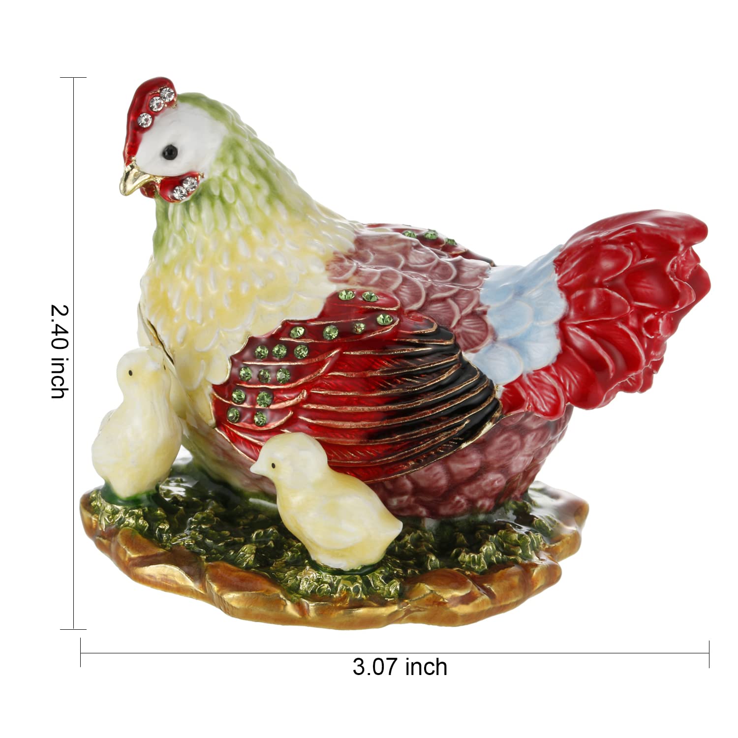 Hand Painted Hen Trinket Box for Home Decor, Hinged Enamel Jewelry Organizer Storage for Ring Earrings, Unique Figurine Keepsake Collectible Personalized Elegant Ornaments (Hen with Chicks)