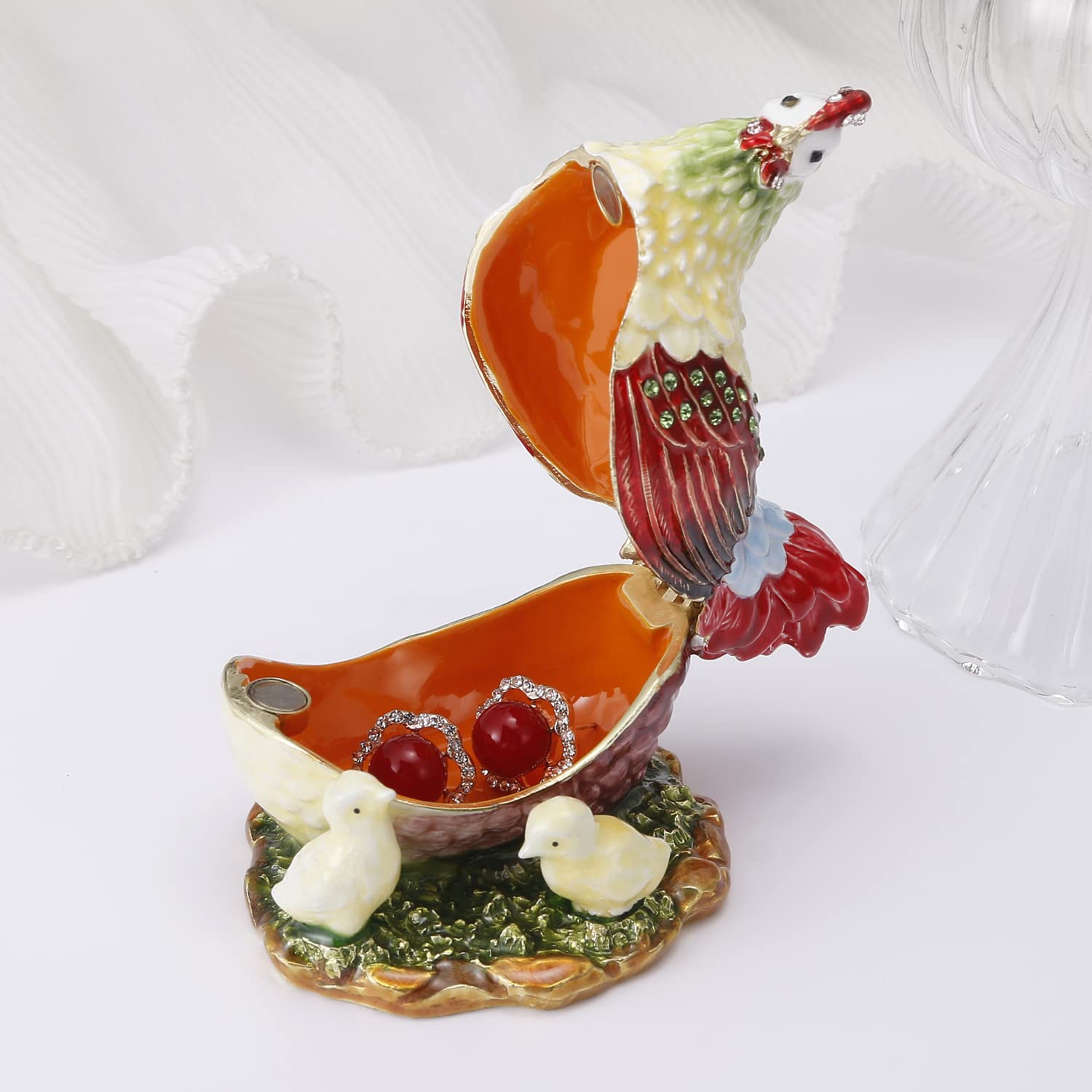 Hand Painted Hen Trinket Box for Home Decor, Hinged Enamel Jewelry Organizer Storage for Ring Earrings, Unique Figurine Keepsake Collectible Personalized Elegant Ornaments (Hen with Chicks)