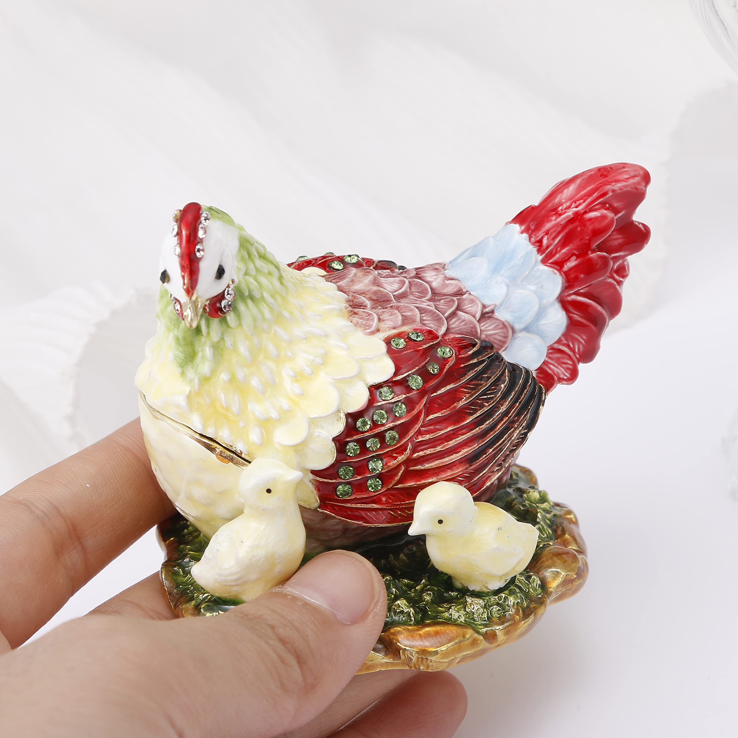 Hand Painted Hen Trinket Box for Home Decor, Hinged Enamel Jewelry Organizer Storage for Ring Earrings, Unique Figurine Keepsake Collectible Personalized Elegant Ornaments (Hen with Chicks)