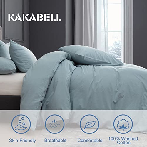 KAKABELL 100% Washed Cotton Linen Duvet Covers Set,Luxury Soft and Breathable Portable Openings 3 Piece Bedding Set,1200 Thread Count,with 8 Corner Ties 90x90 Inches(Light Blue,Full/Queen)