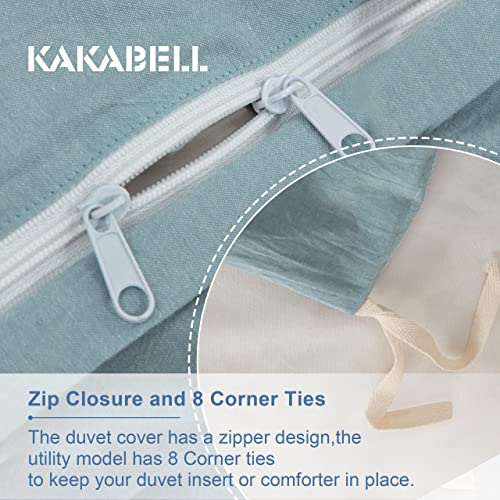 KAKABELL 100% Washed Cotton Linen Duvet Covers Set,Luxury Soft and Breathable Portable Openings 3 Piece Bedding Set,1200 Thread Count,with 8 Corner Ties 90x90 Inches(Light Blue,Full/Queen)