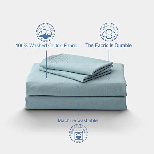 KAKABELL 100% Washed Cotton Linen Duvet Covers Set,Luxury Soft and Breathable Portable Openings 3 Piece Bedding Set,1200 Thread Count,with 8 Corner Ties 90x90 Inches(Light Blue,Full/Queen)