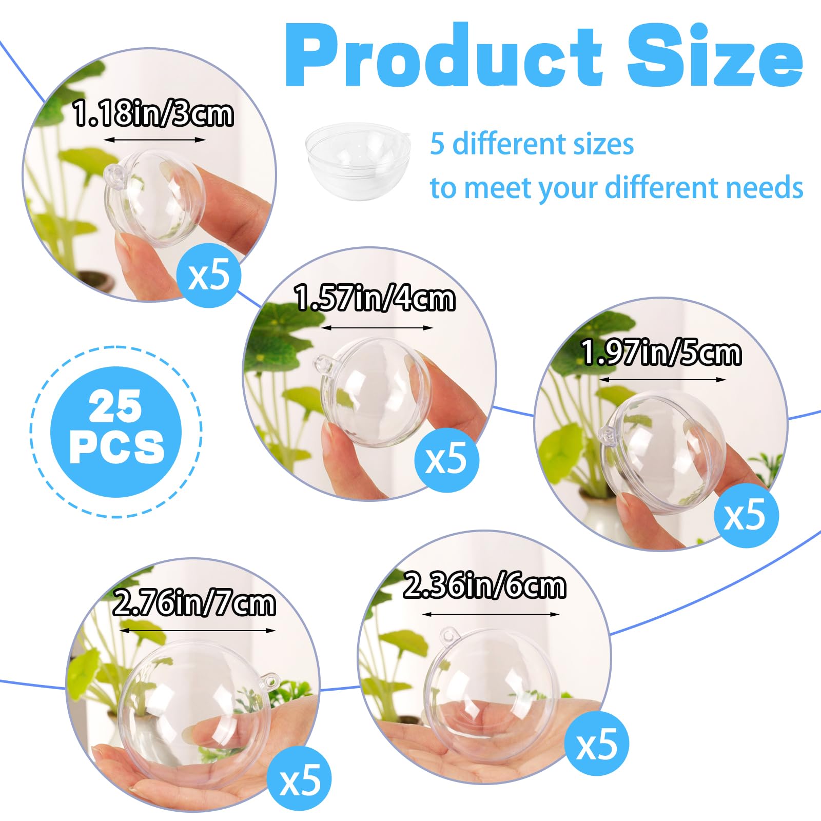 25 PCS Clear Plastic Fillable Ornaments,Transparent DIY Craft Ball,Clear DIY Christmas Ornament 5 Different Sizes for Wedding,Party,Home Decor