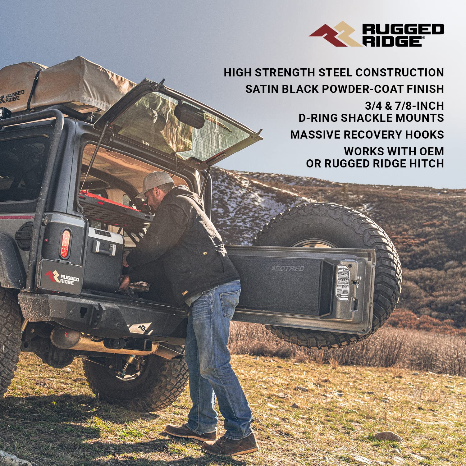 Rugged Ridge HD Bumper, Rear for Jeep Wrangler JL | with Tire Carrier, Steel, Black | 11540.39 | Fits 2018-2025 Jeep Wrangler JL