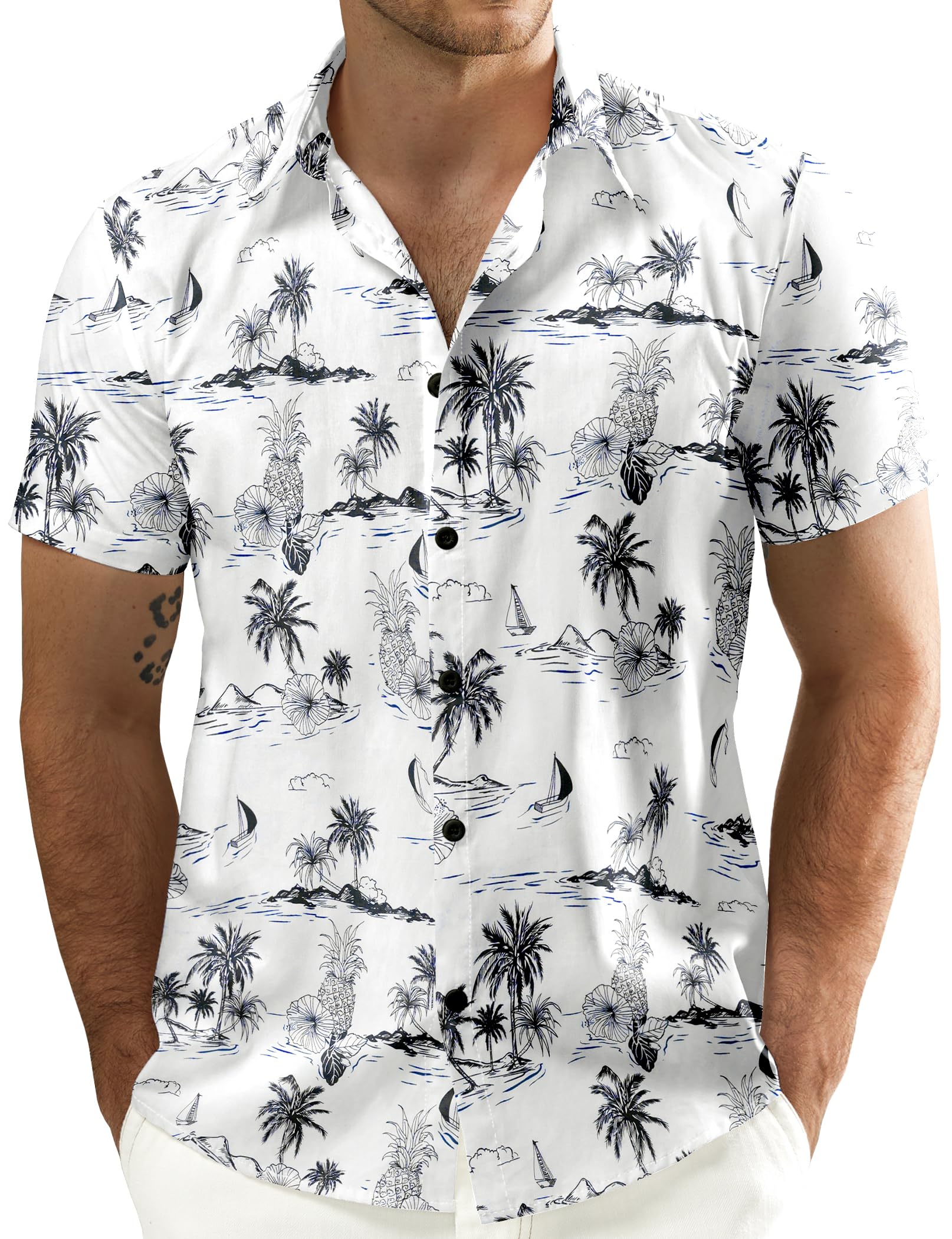 JOGAL Men's Flower Cotton Button Down Short Sleeve Hawaiian Shirt White X-Large